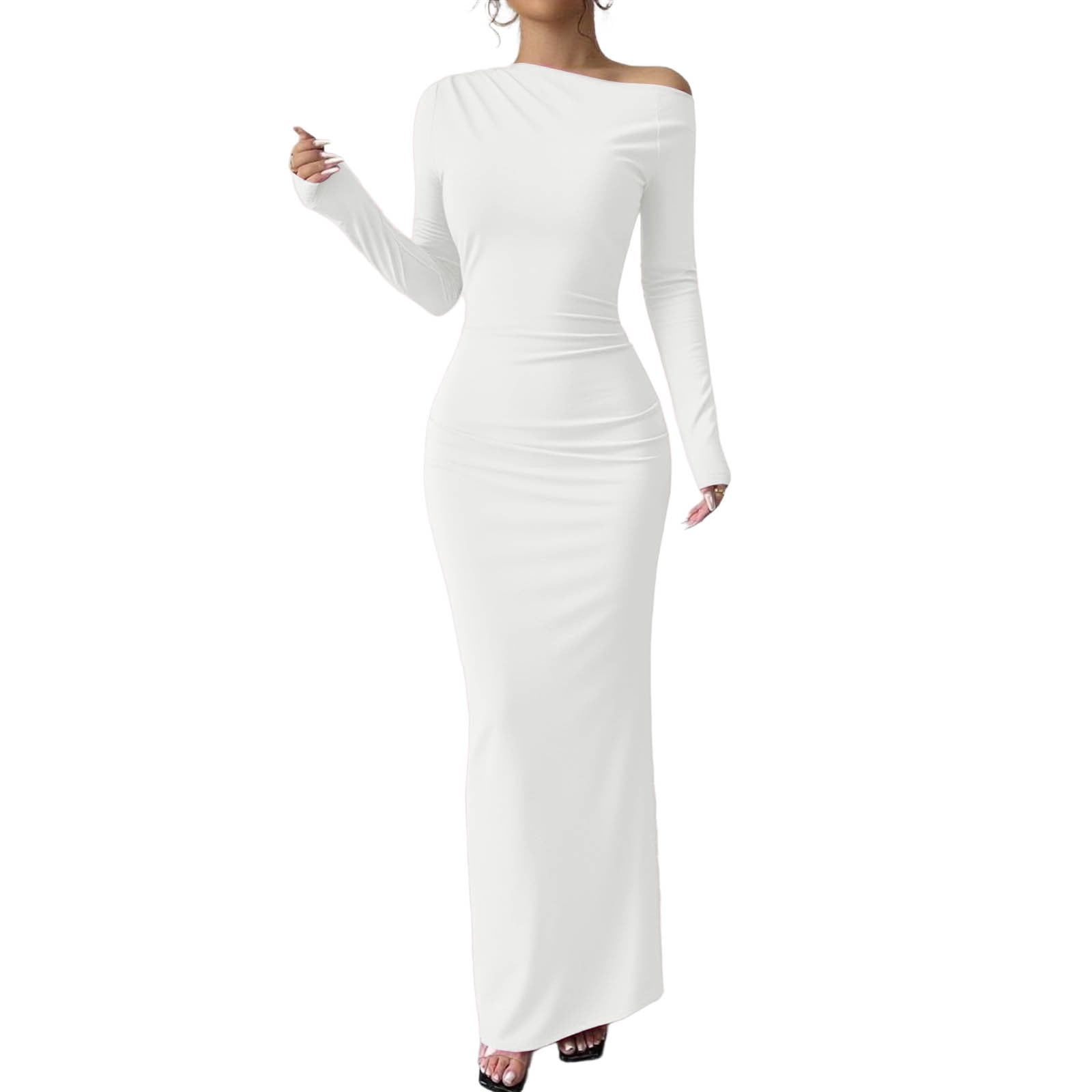 asdoklhq Long Sleeve Bodycon Maxi Dress Women's Solid Color Hip Hugging ...