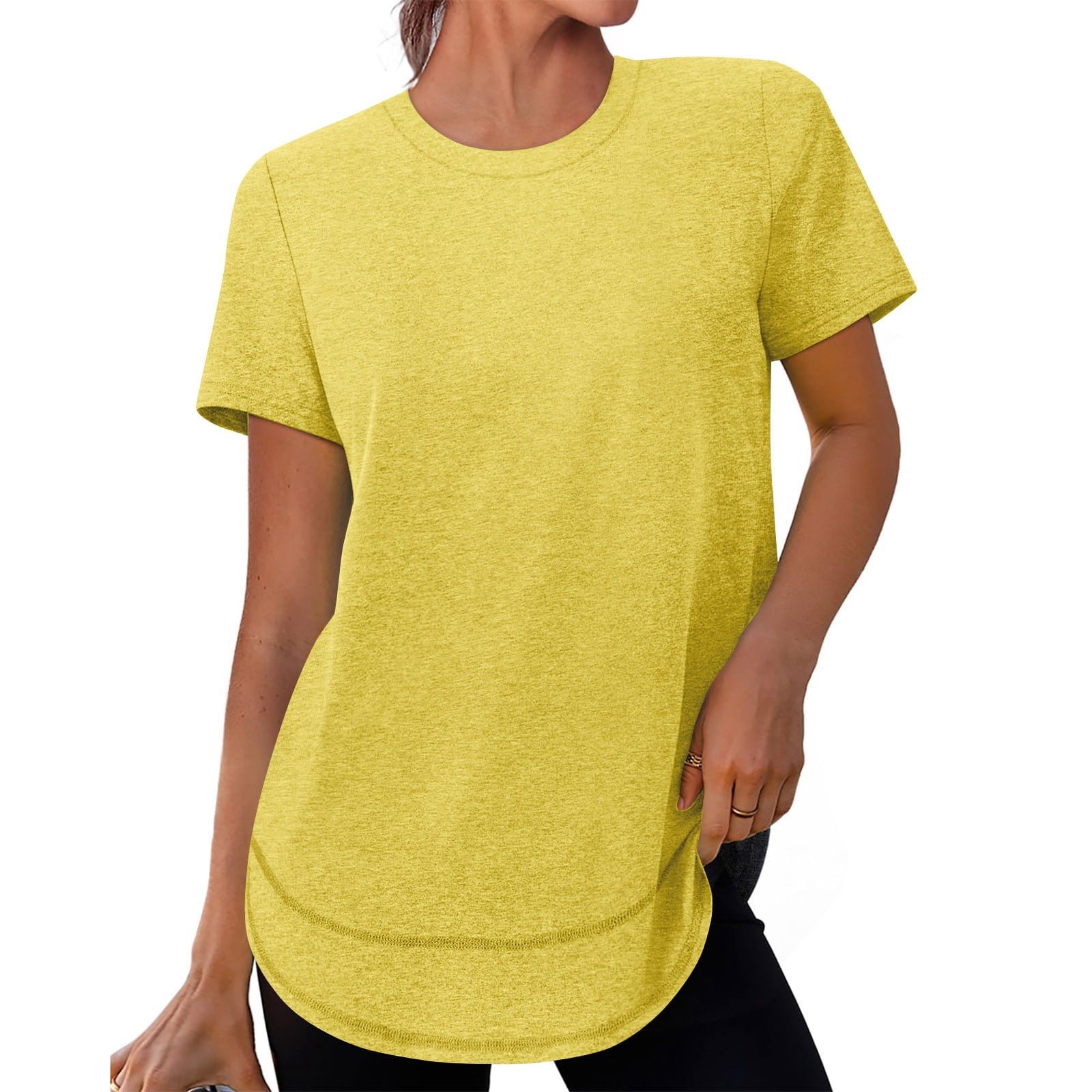 asdoklhq Loose Workout Tops for Women Solid Color Round Neck Sunscreen ...