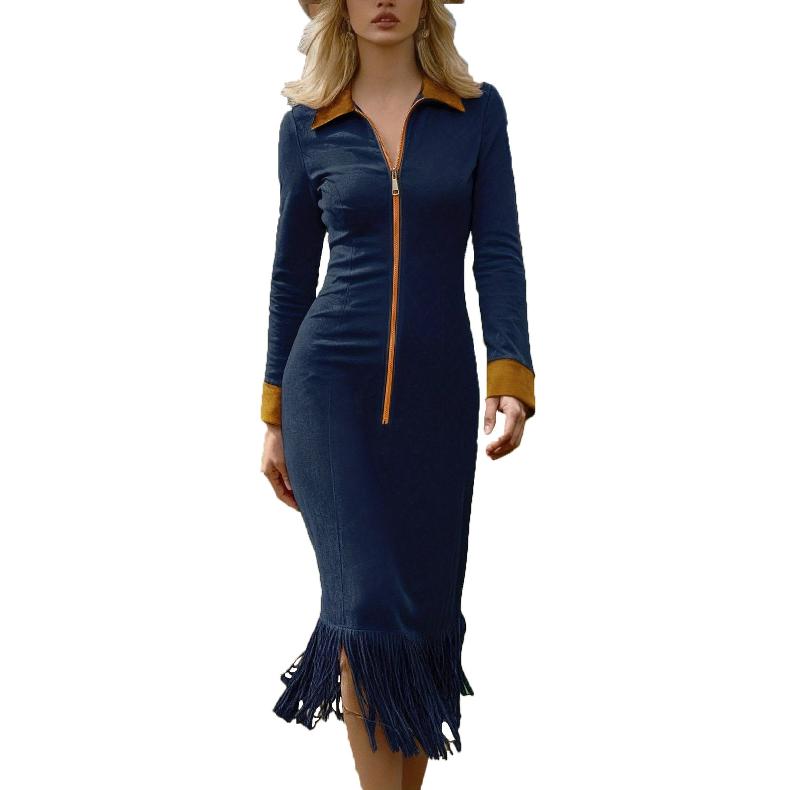 asdoklhq Mumu Dresses for Women Contrast Collar Long Sleeve Zip-Front ...