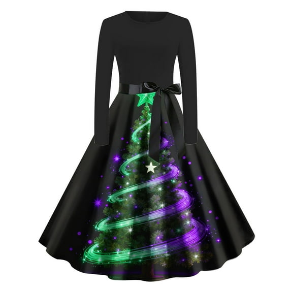 asdoklhq Overall Dress for Women Long-sleeved Round-neck Christmas ...