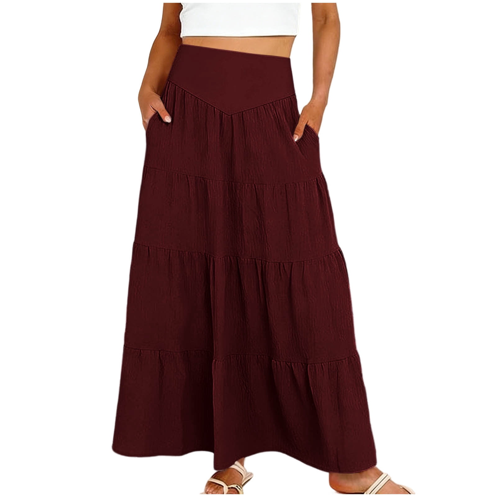 asdoklhq Pleated Maxi Skirts Linen Skirt Chiffon Women Fashion Casual ...