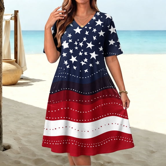 asdoklhq Plus Size Dress Summer Moomoo Dress Plus Size Independence Day ...