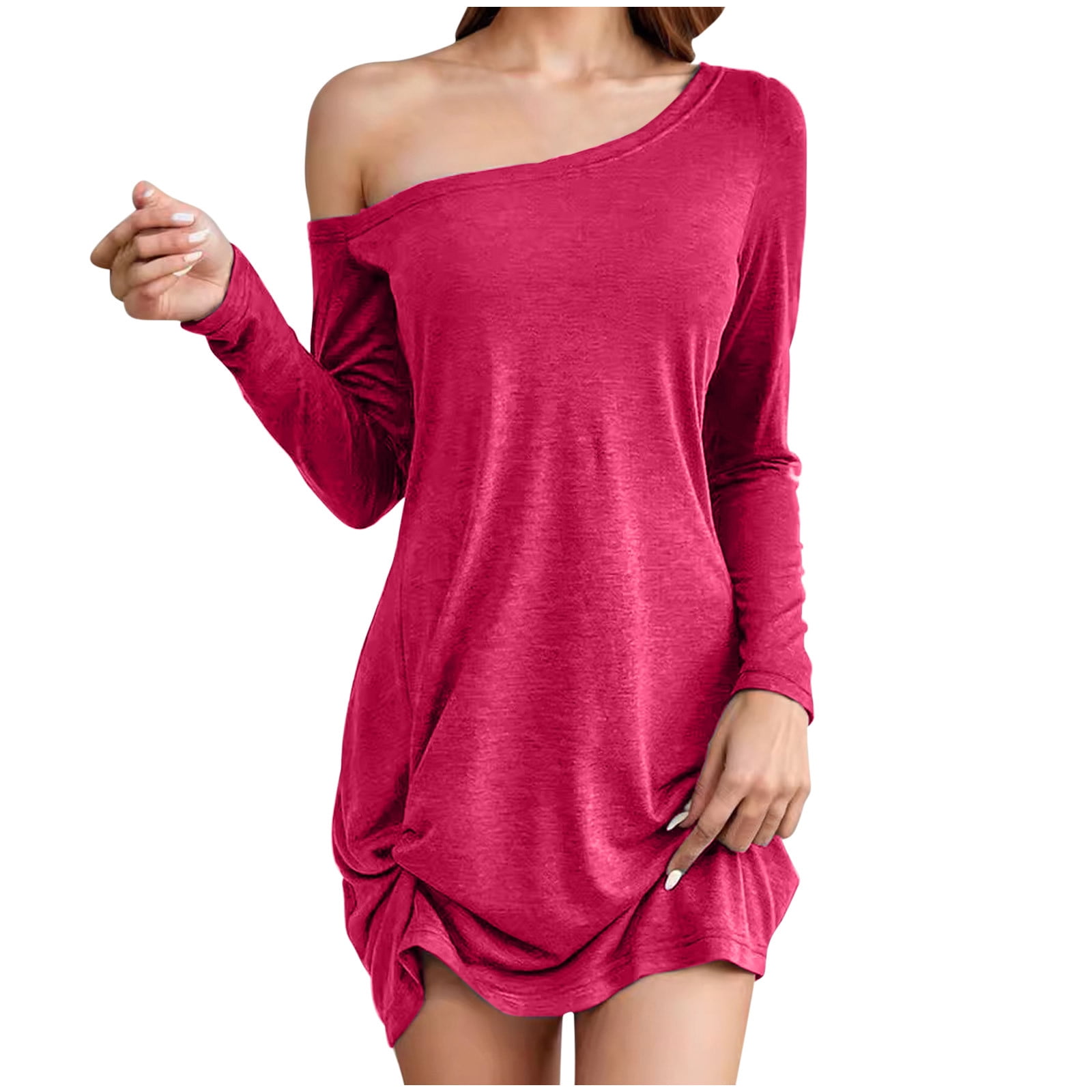 asdoklhq Plus Size Dresses for Curvy Women Casual Long Sleeved Sloping ...