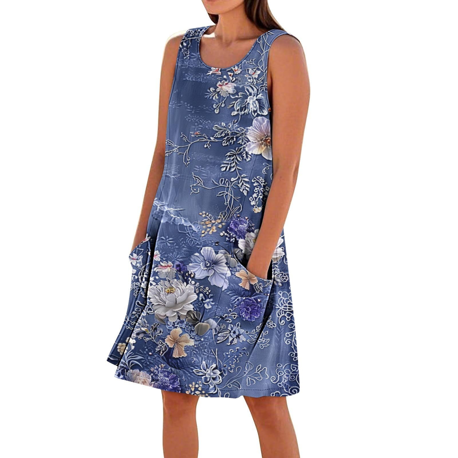 asdoklhq Plus Size Floral Dress Women's Solid Color Casual Sleeveless ...