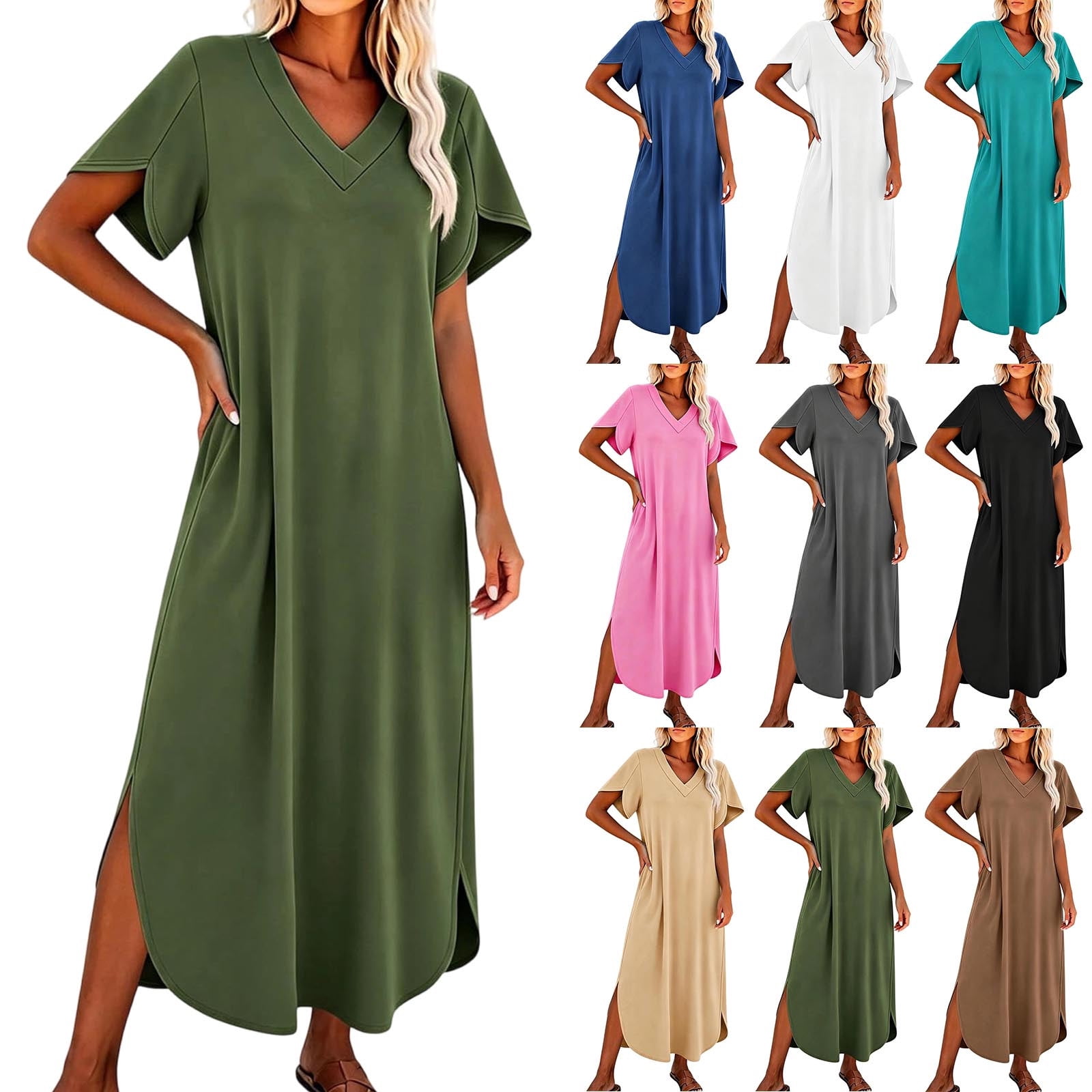 asdoklhq Plus Size Loose Dress Semi Formal Casual V-Neck Maxi Dress ...