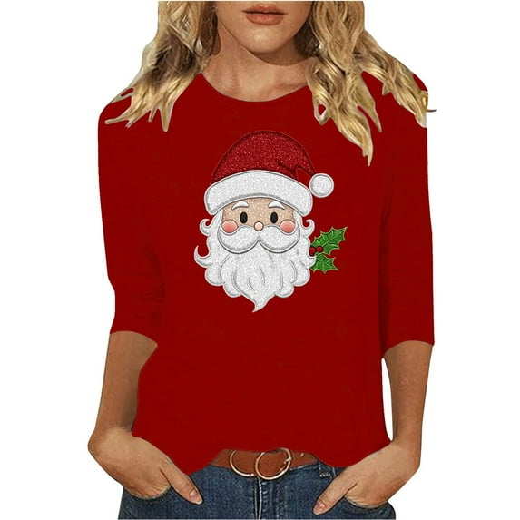 asdoklhq Plus Size Tops Christmas Ladies' Christmas Round Neck 3/4 ...