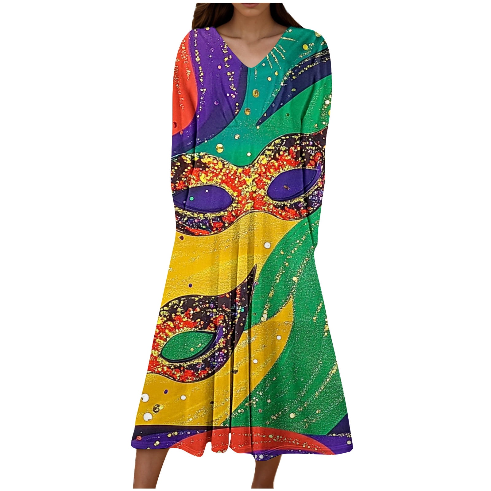 asdoklhq Prom Dresses Long Sleeved V-neck Carnival Printed Dress ...