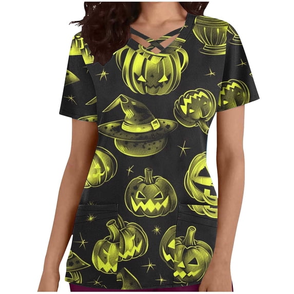 asdoklhq Pumpkin Face Graphic Tees Halloween Plus Size Tops Women's ...