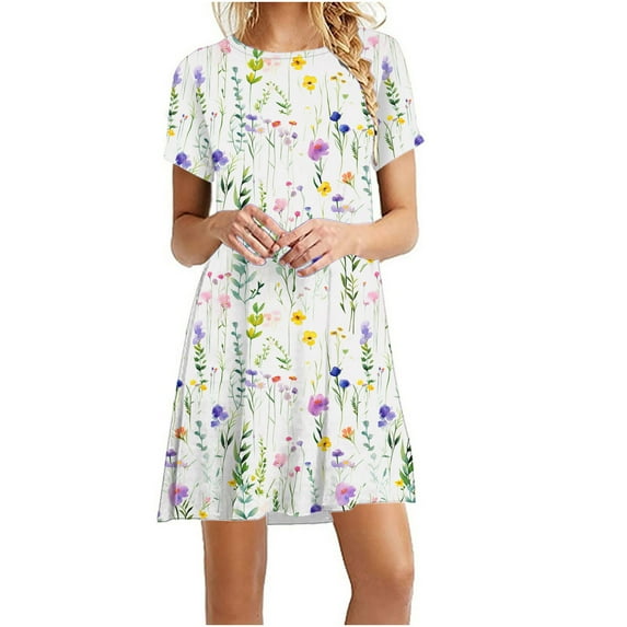 asdoklhq Spring Dresses for Women Short Sleeved Dress with Floral Print ...