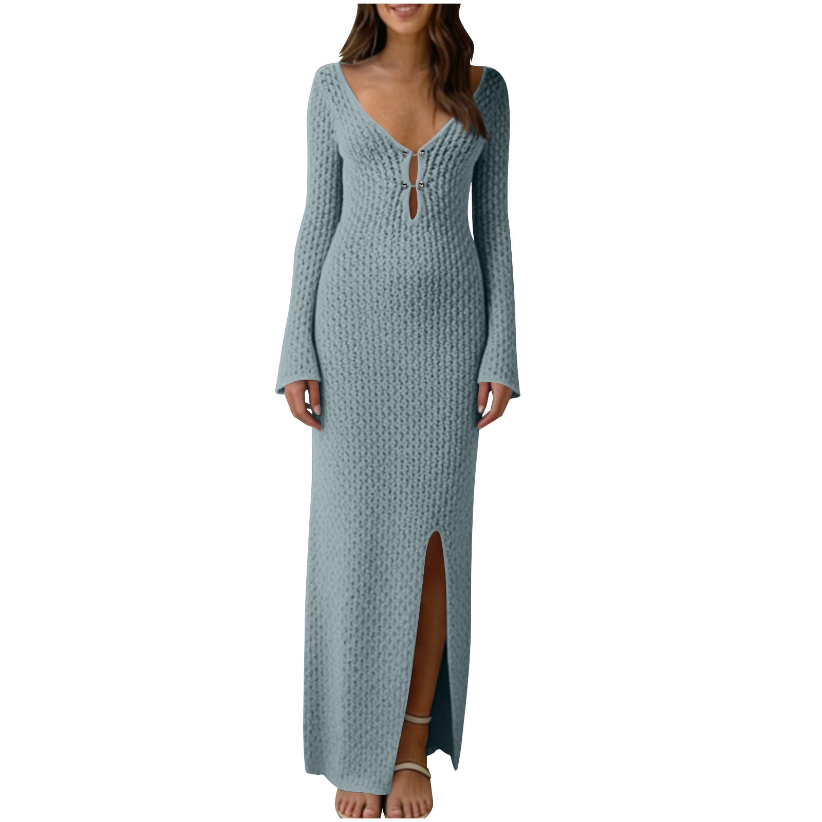 asdoklhq Summer Dresses for Women Long-sleeved Sand Knitted Hollow Out ...