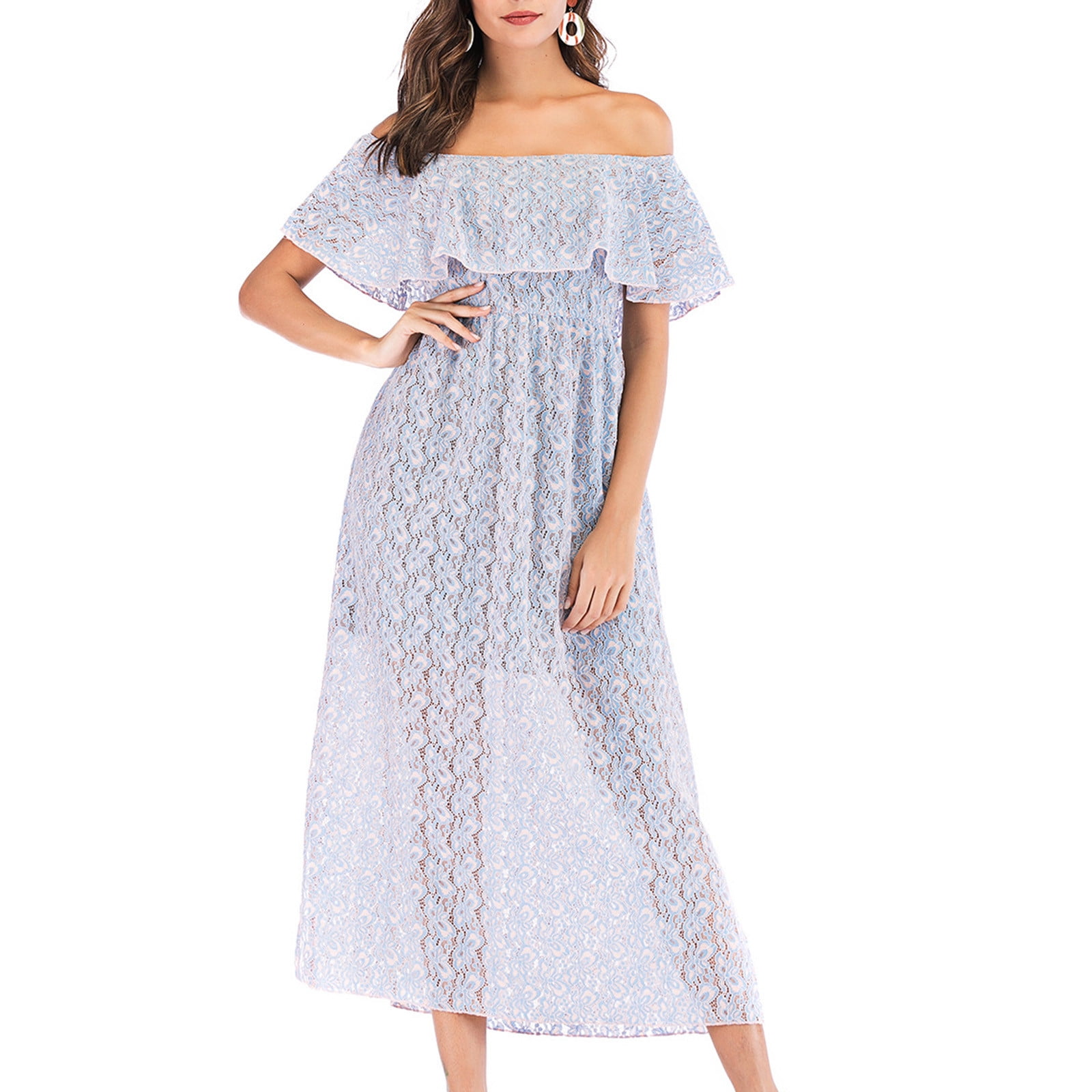 asdoklhq Women Spring Dresses Women Off-the-Shoulder Ruffle Sleeve Lace ...