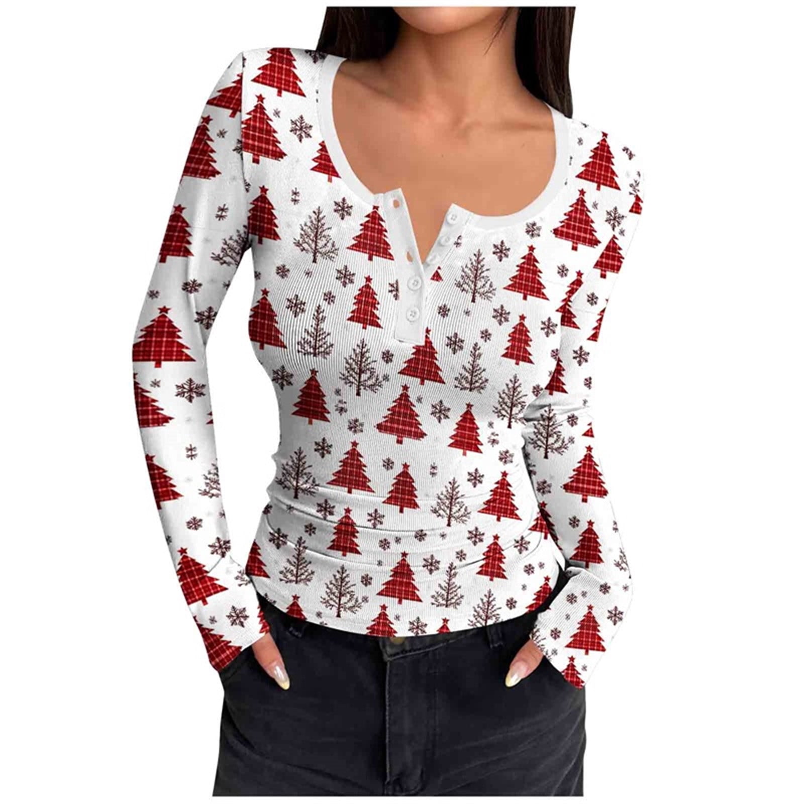 asdoklhq Women's Tops Fashionable Women's Christmas Printed Long ...