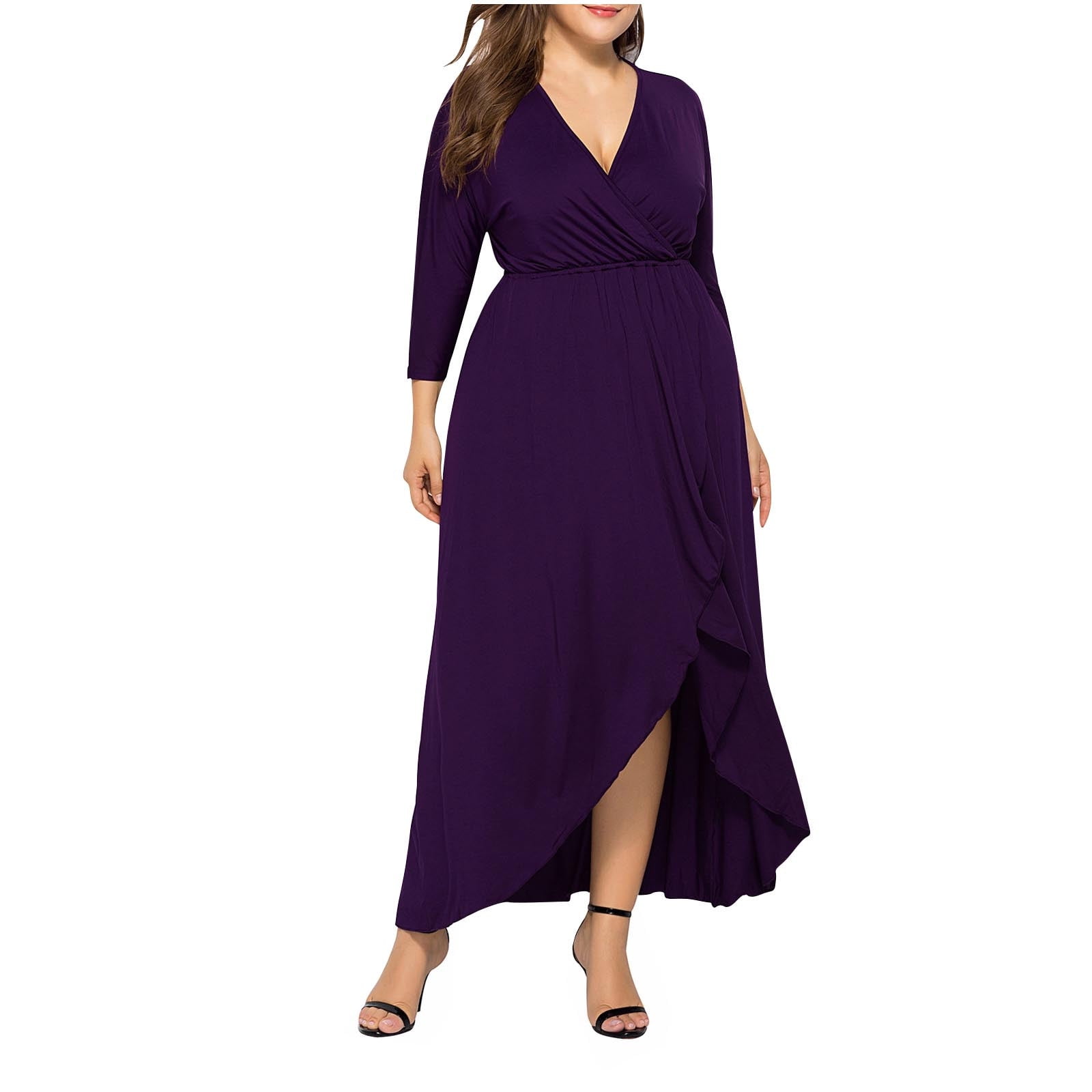 asdoklhq Womens Dresses for Wedding Guest Women's Solid Color V-neck ...