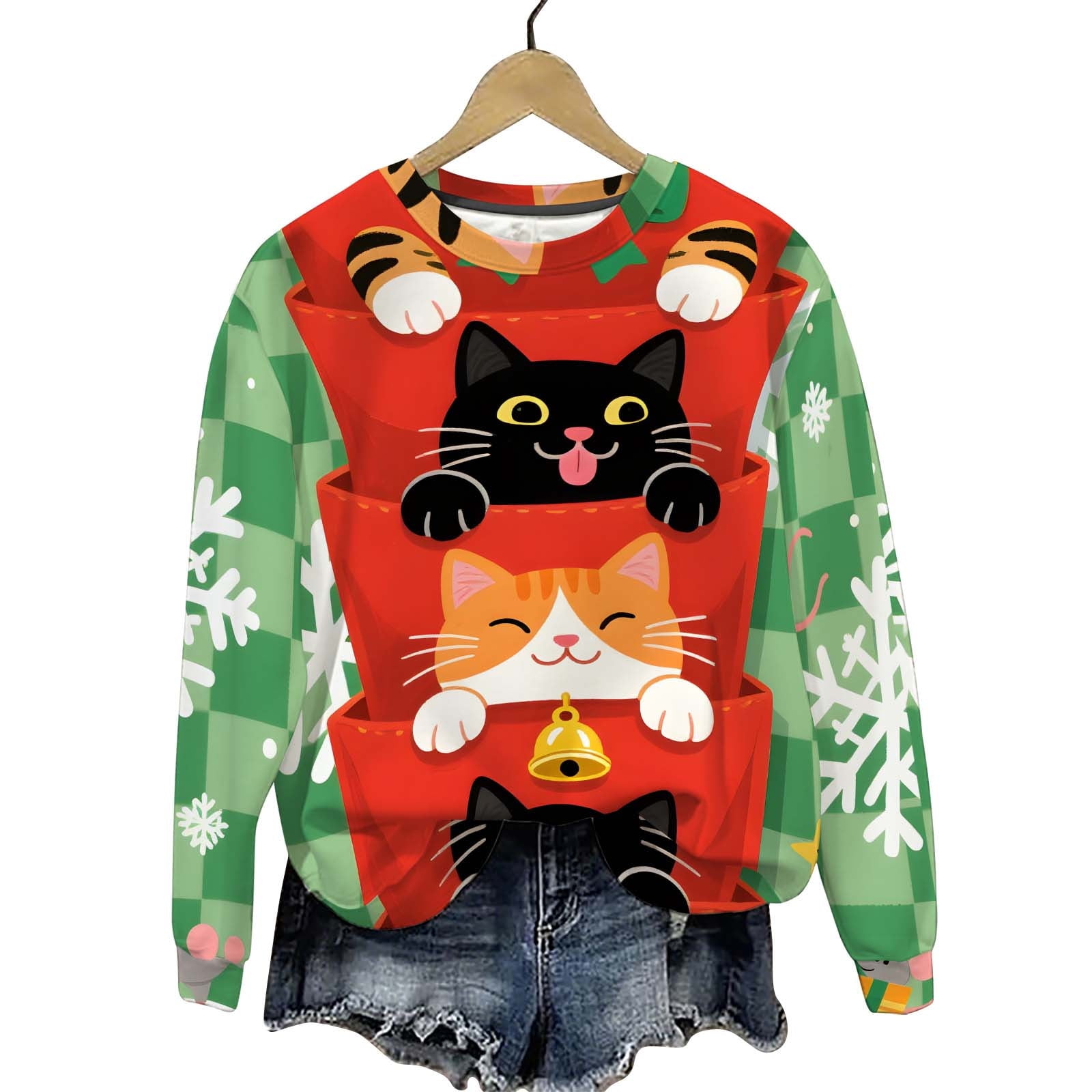 asdoklhq Womens Long Sleeve Tops Women's Christmas Solid-color Round ...