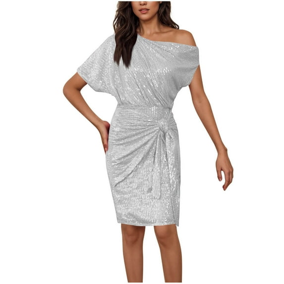 asdoklhq Womens Sequin Dress Fashion Women Ladies' Solid-Color Off-the ...