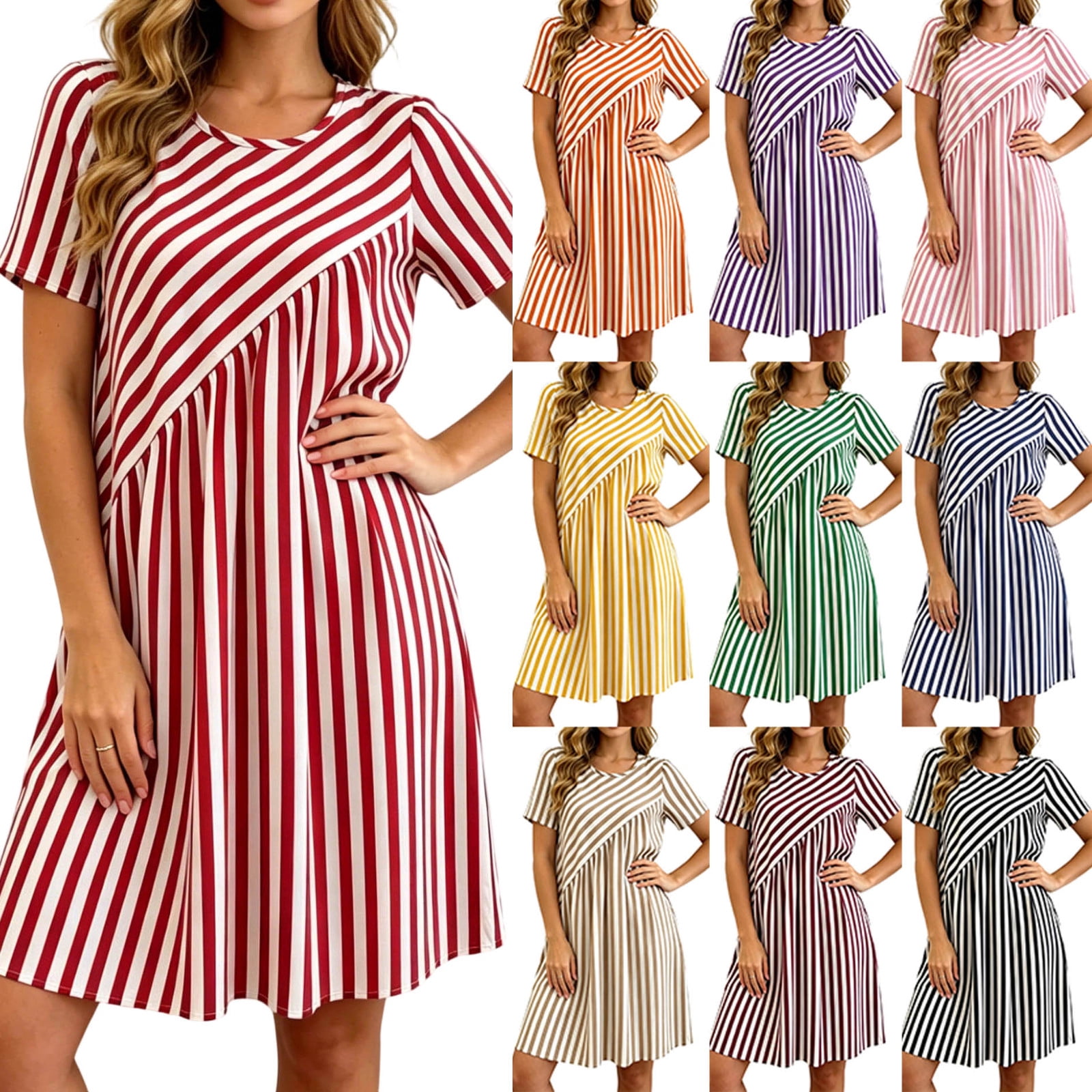 asdoklhq Womens Strip Dresses Party Dresses Fashion Short Sleeve Casual ...