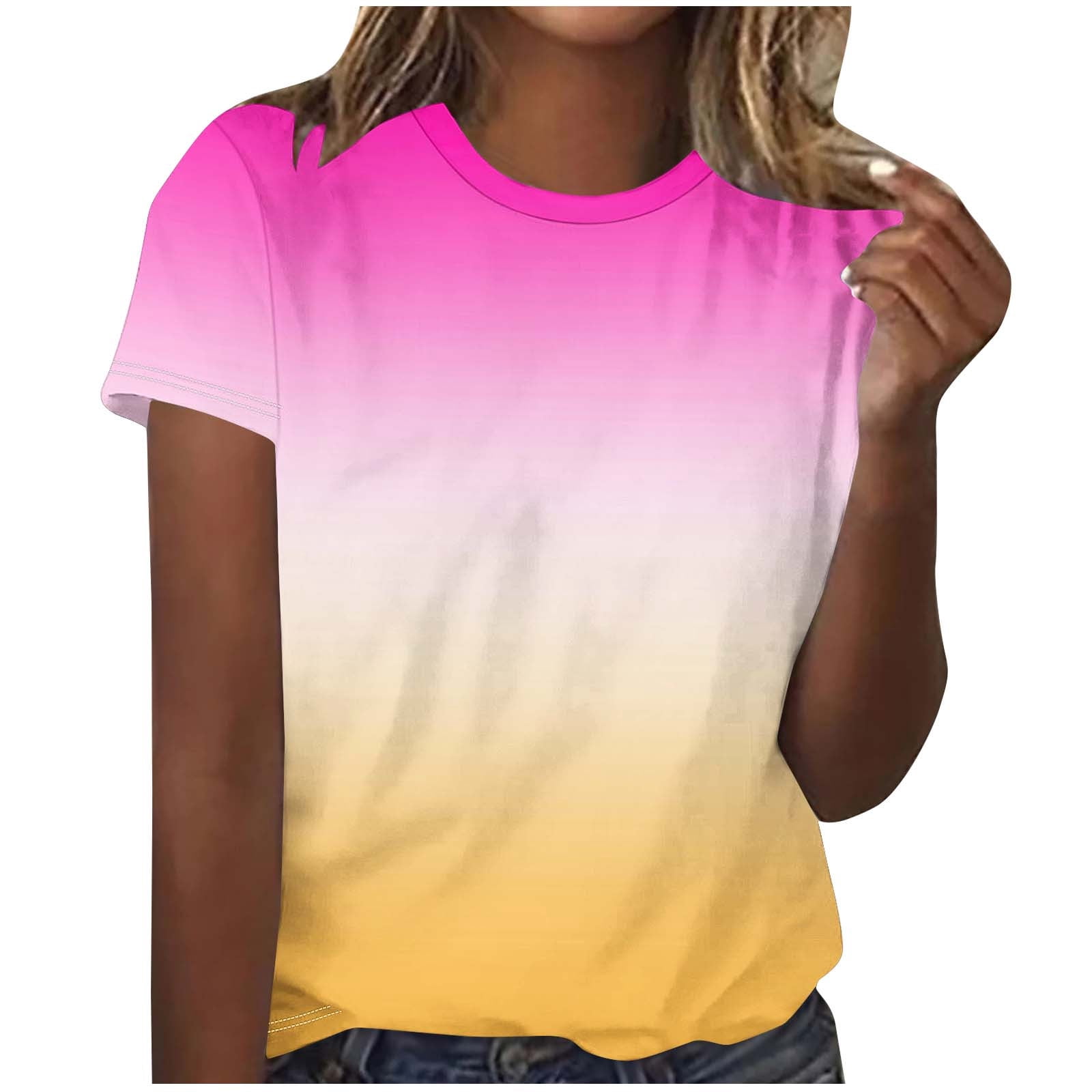 asdoklhq Womens Tops Henley Women Gradient Color Crew Neck Casual Loose ...