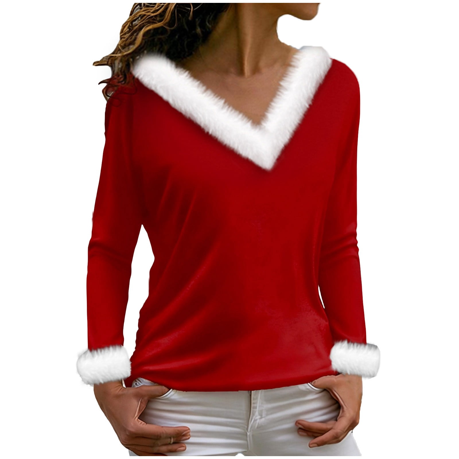 asdoklhq Womens Tops Merry Christmas Women's V-Neck Solid Casual Long ...