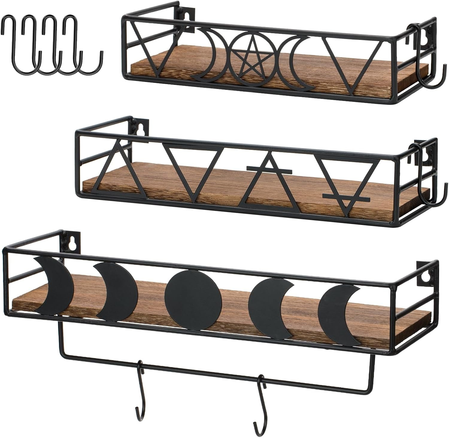 aserdft Moon Phase Wall Shelf with 4 Hooks Wall Shelves or Bathroom ...