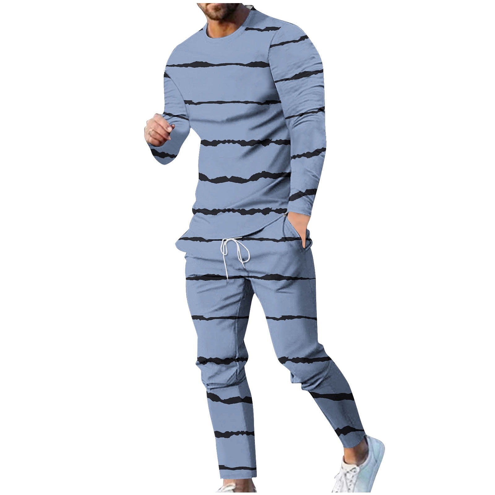 asjyhkr 2 Piece Outfits for Men Striped Long Sleeve Crewneck T-shirt ...