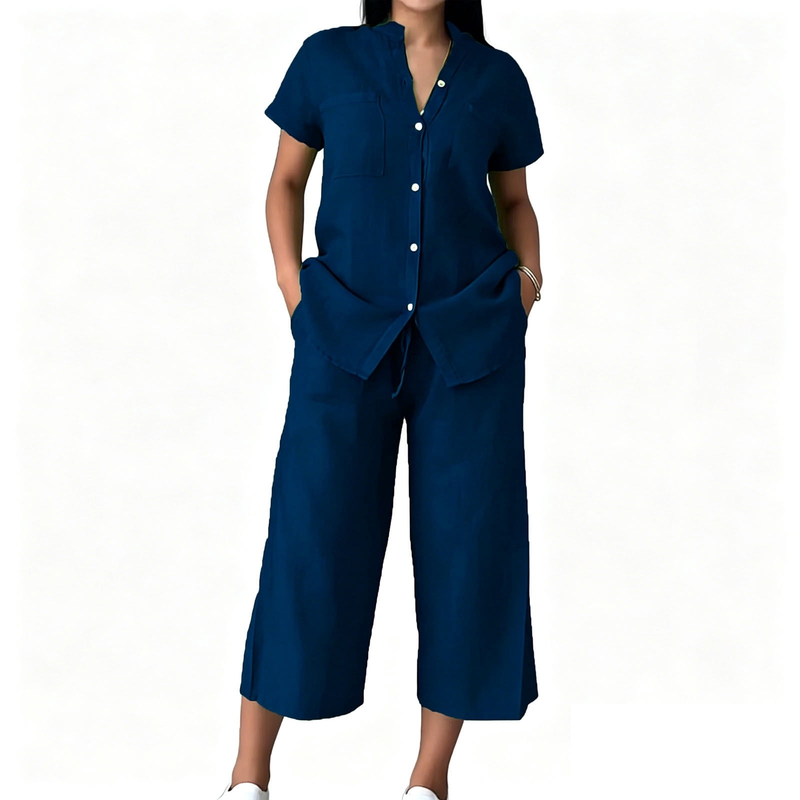 asjyhkr 2 Piece Sets for Women Casual Short Sleeve Button down Shirts ...
