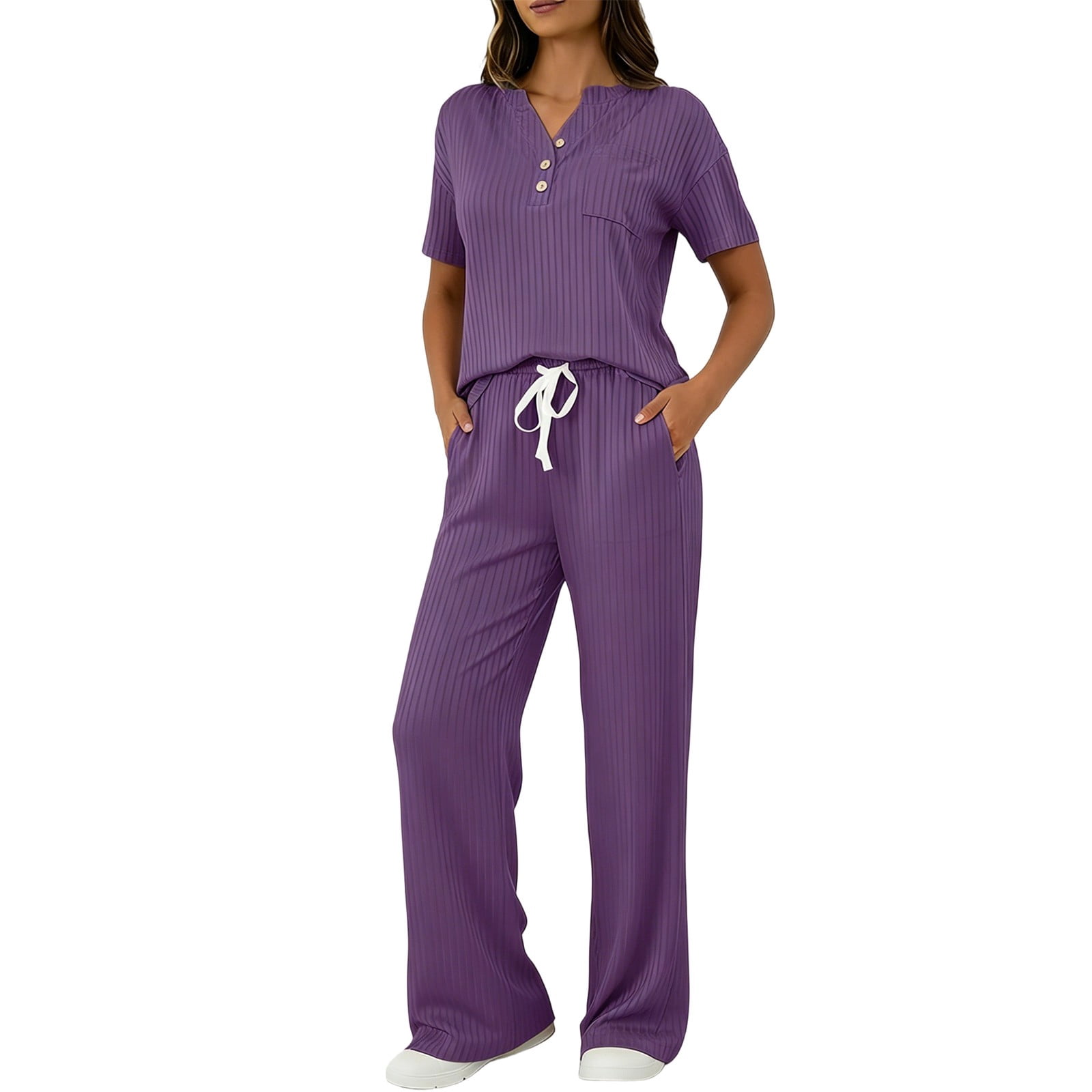 asjyhkr 2 Piece Sets for Women Striped Button Notch Neck Tops ...