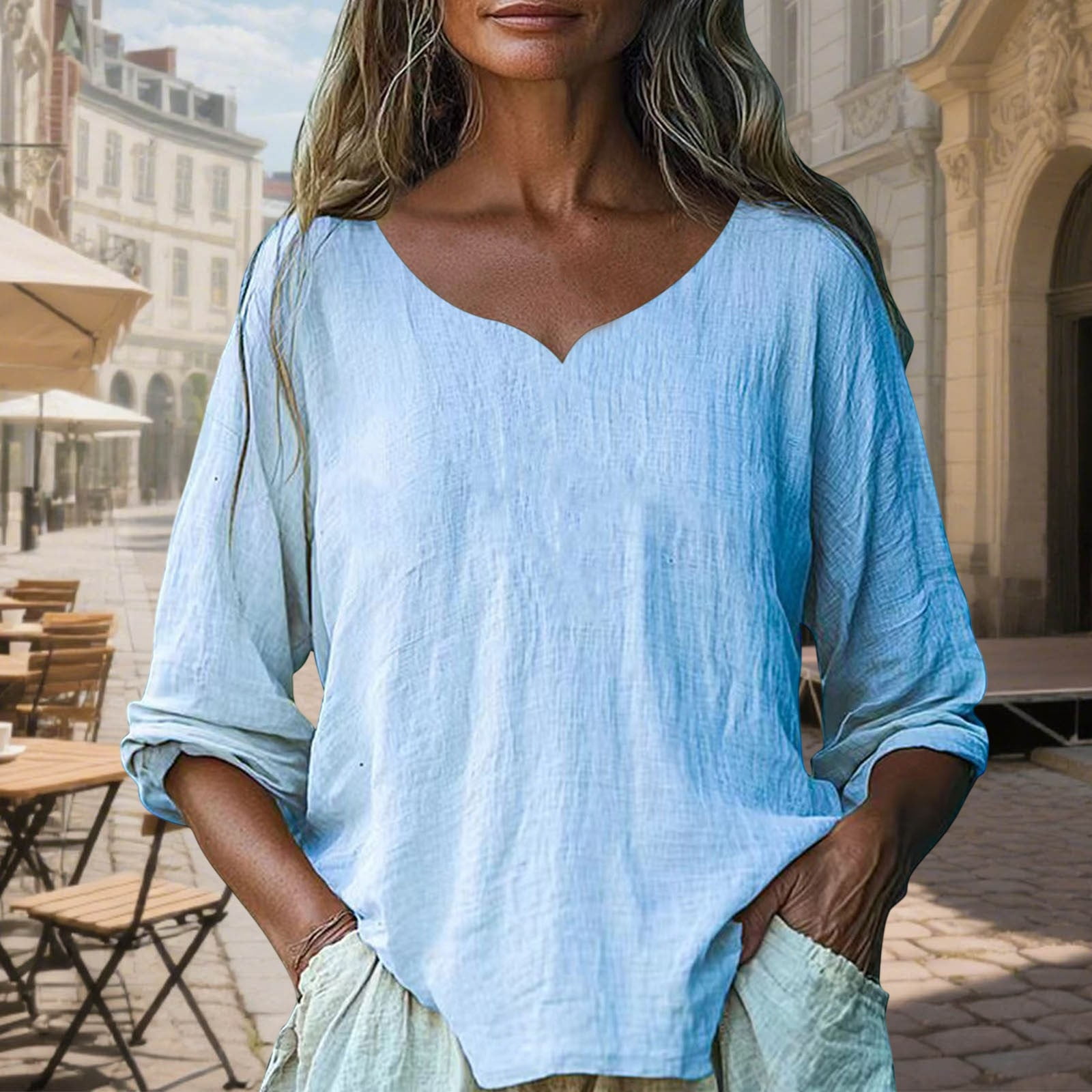 asjyhkr Blouses for Women Linen Long Sleeve V Neck Shirts Loose Casual ...