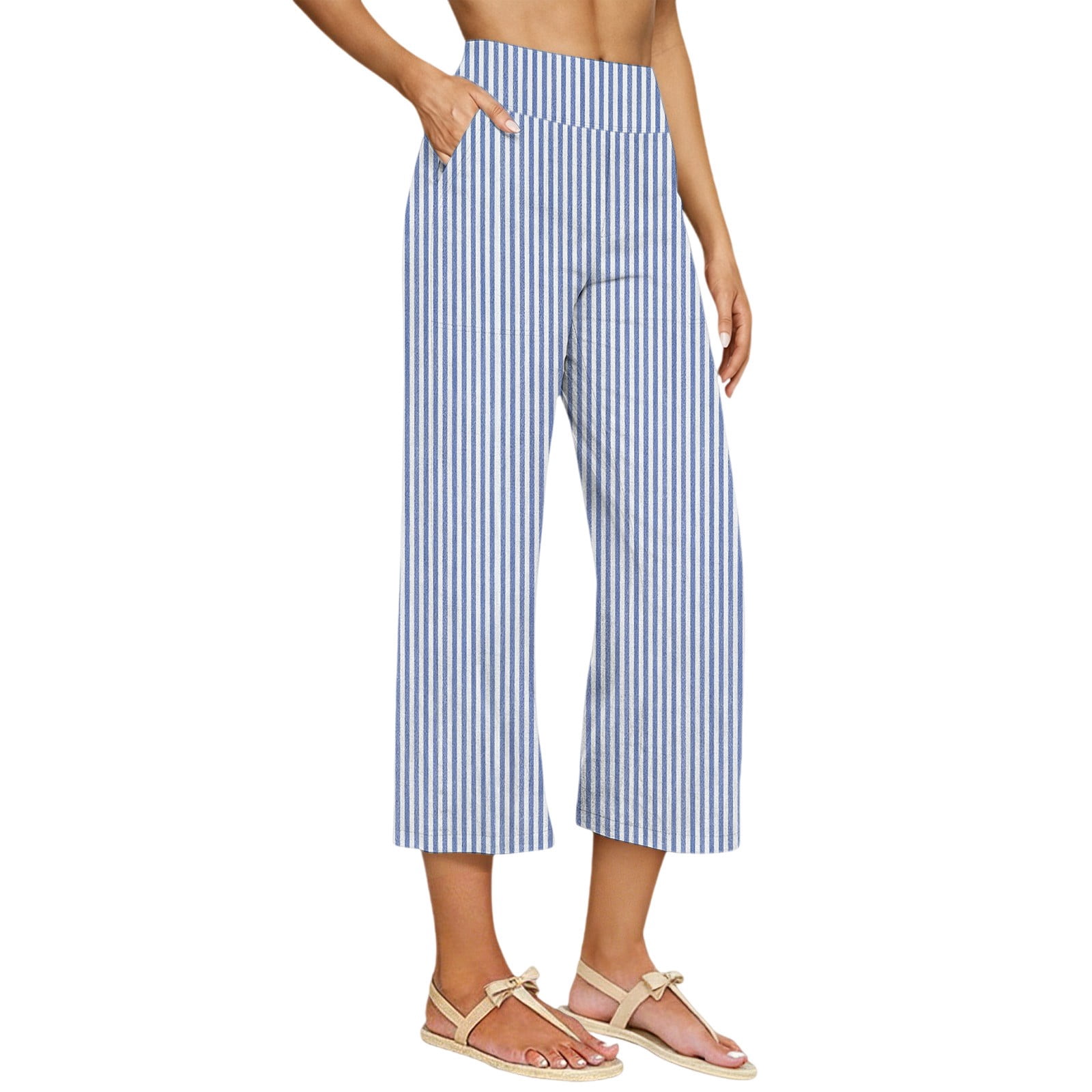 asjyhkr Casual Capris Pants for Women Striped High Waist Baggy Straight ...