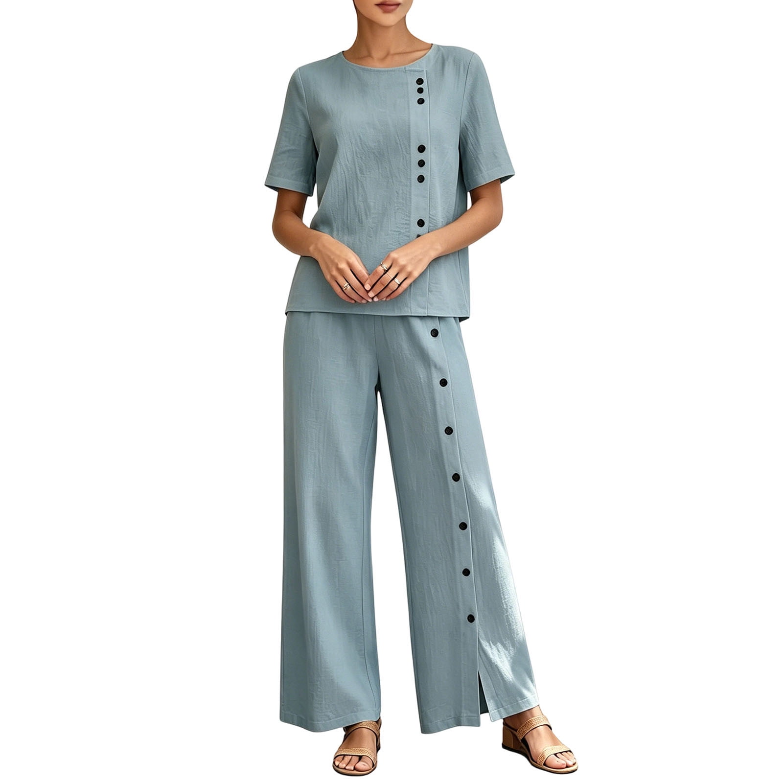 asjyhkr Casual Sets for Women 2 Piece Outfits Button Crew Neck Tees ...