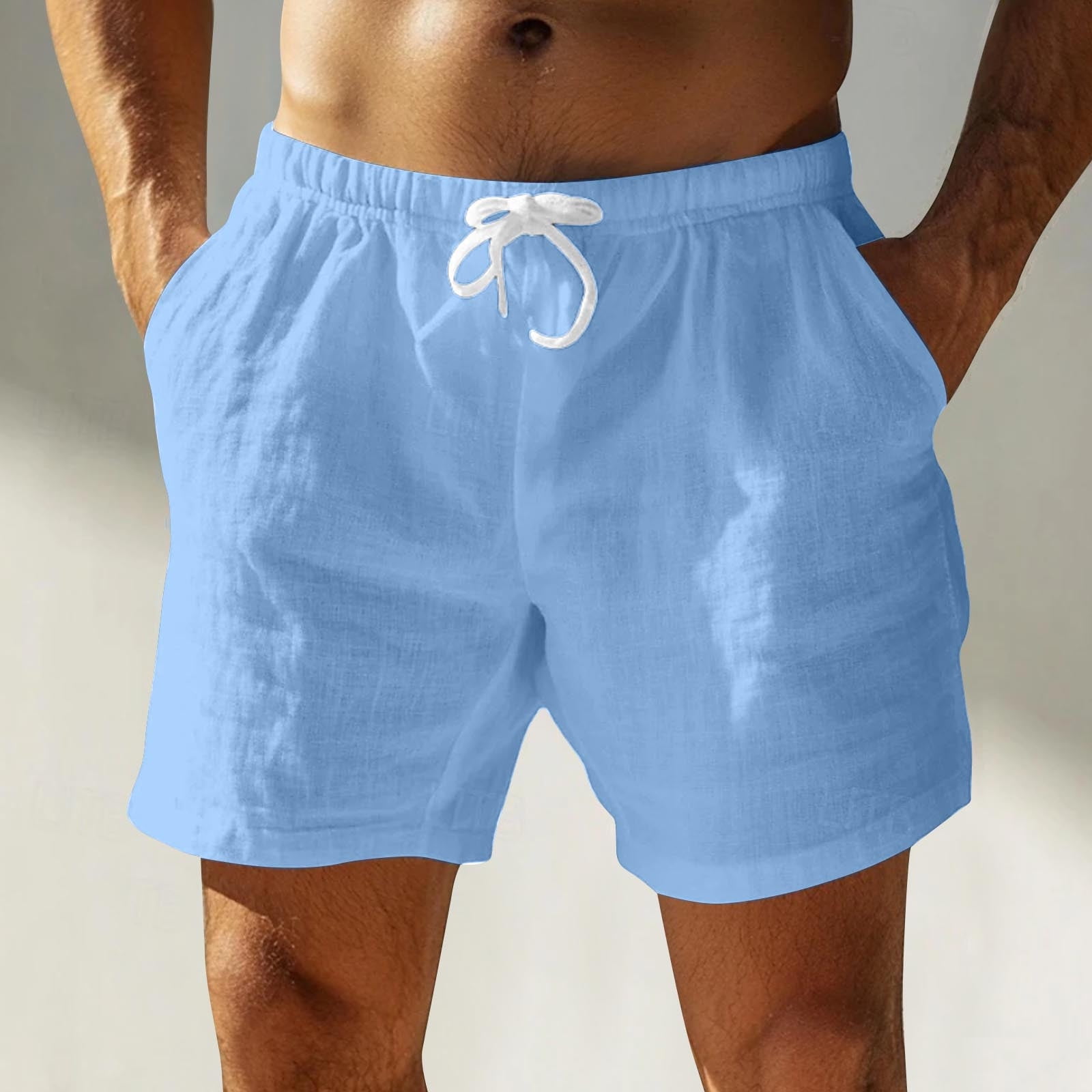 asjyhkr Cotton Linen Shorts for Men Drawstring Elastic Waist 5 Inch ...