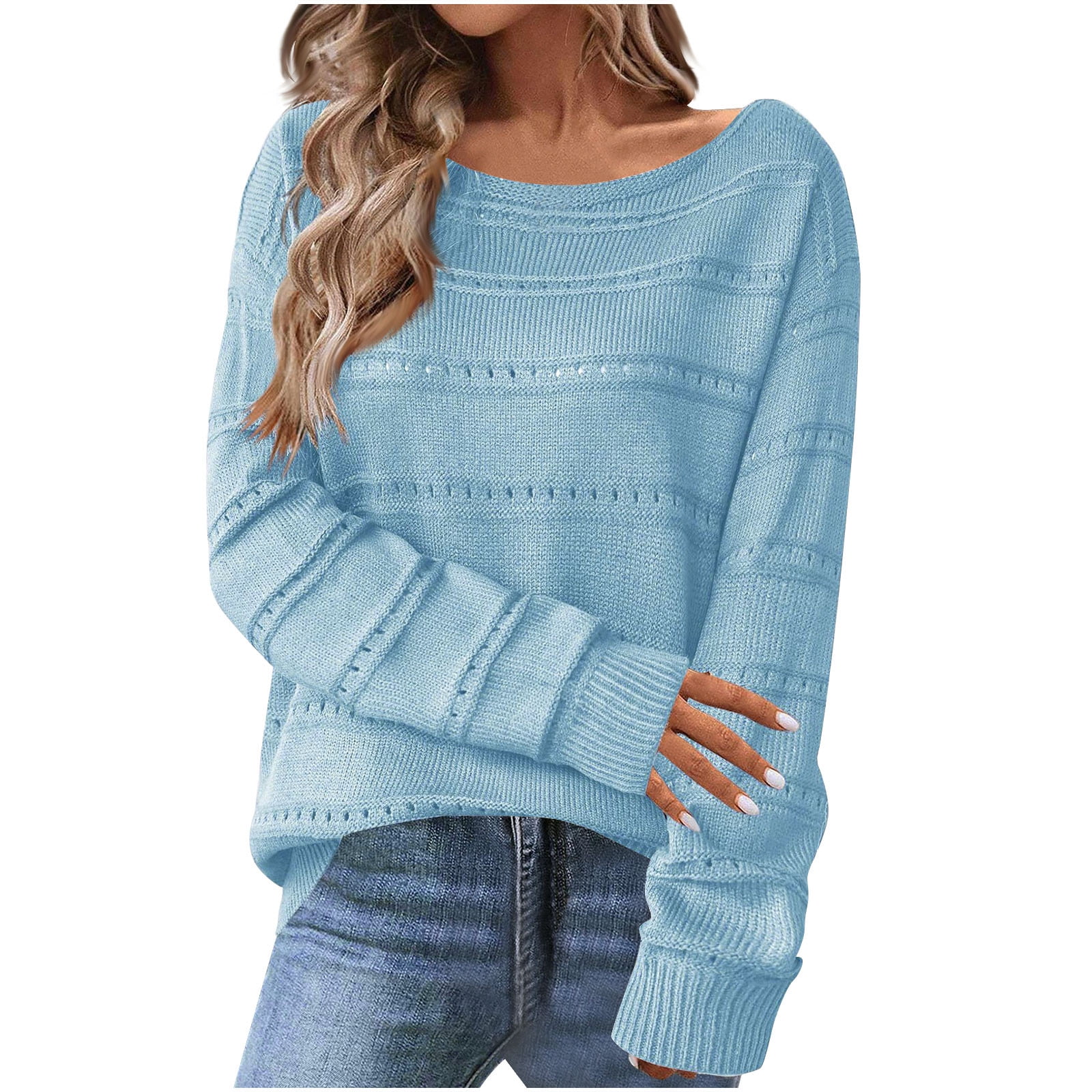 asjyhkr Fall Sweaters for Women Long Sleeve Crew Neck Knit Pullover ...