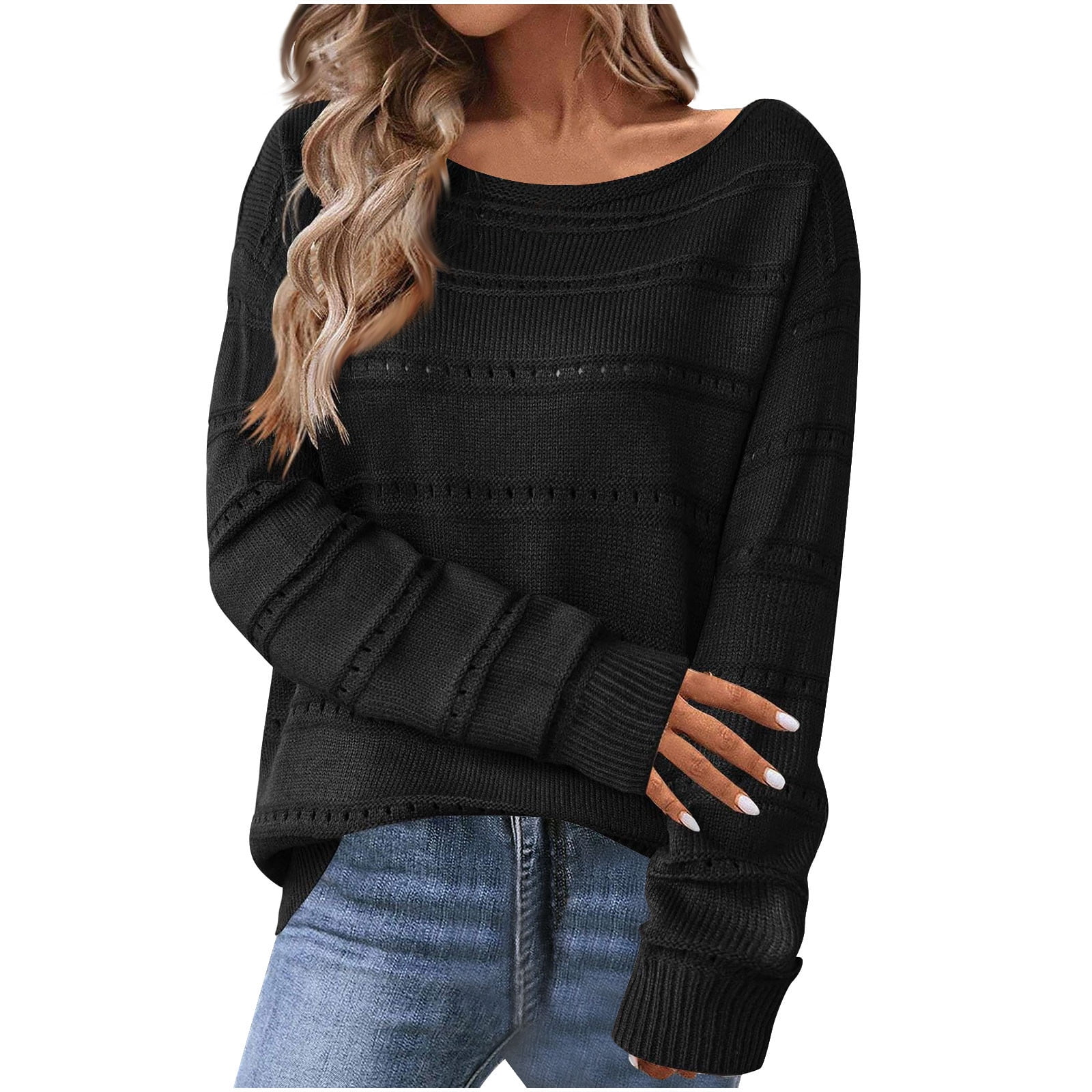 asjyhkr Fall Sweaters for Women Long Sleeve Crew Neck Knit Pullover ...