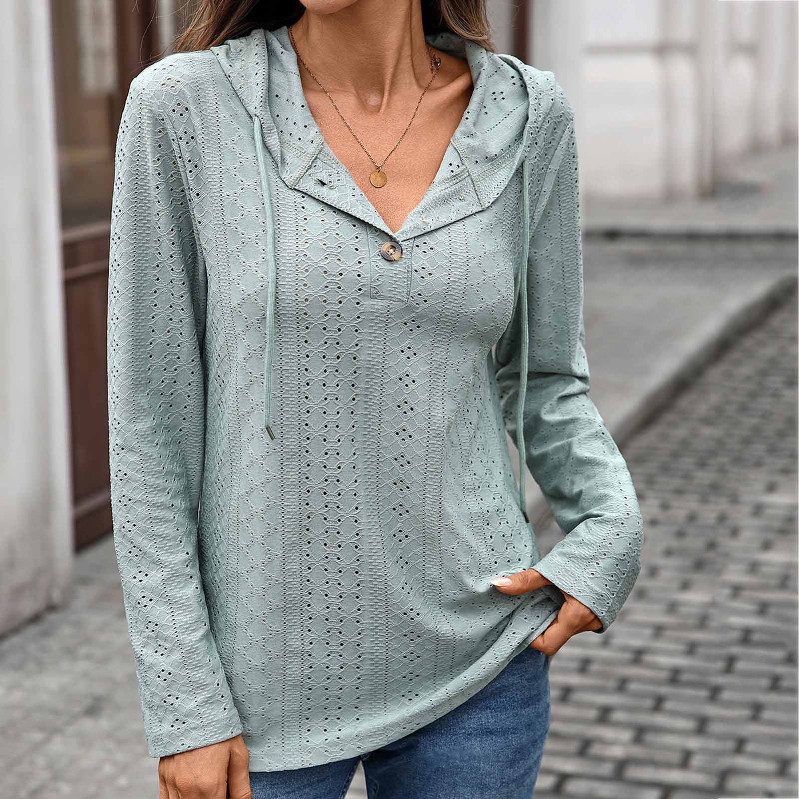 asjyhkr Hoodies for Women Drawstring Hooded Button Crew Neck Long ...