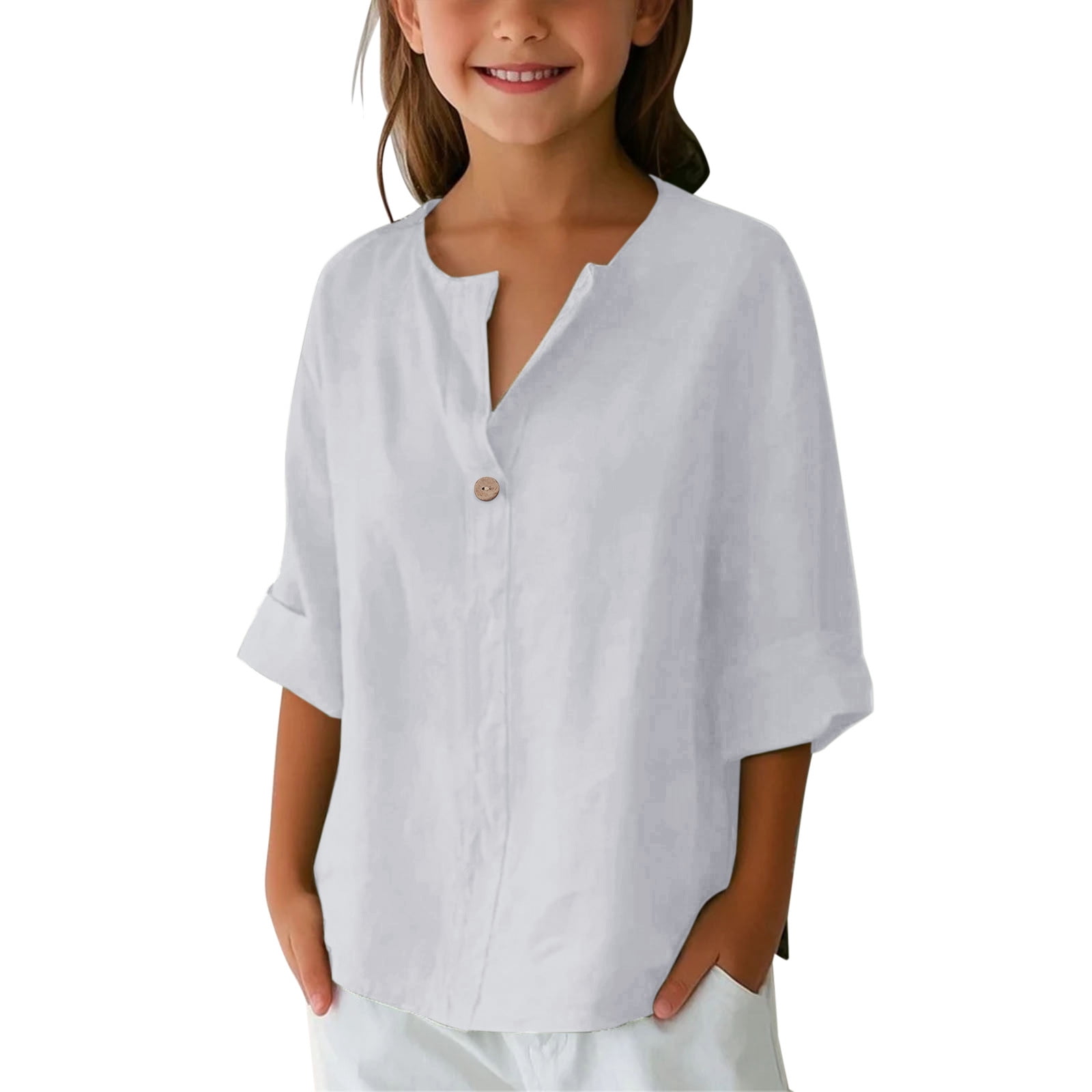 asjyhkr Kids Girls 3/4 Sleeve Button V Neck Blouses 5-14 Years Casual ...