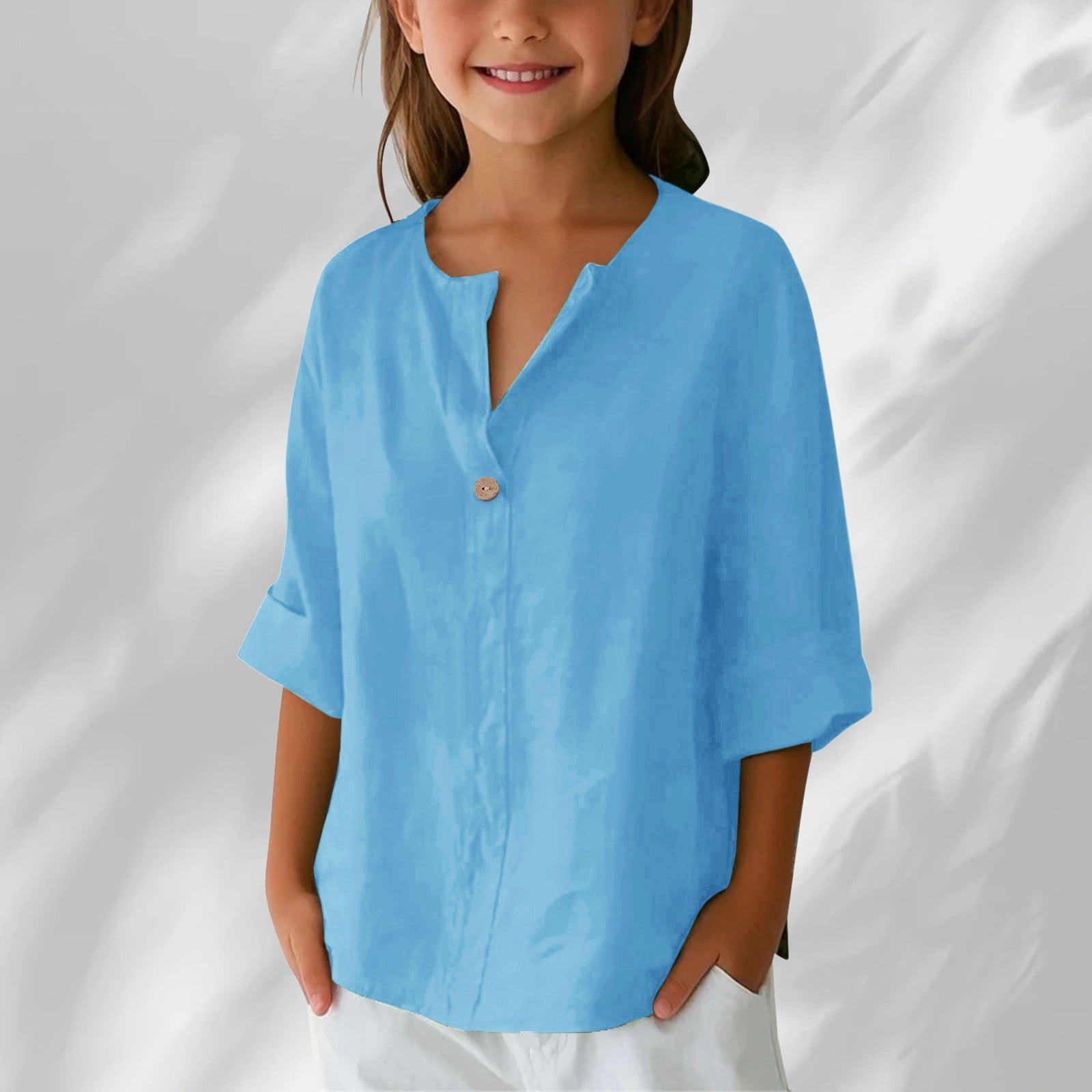 asjyhkr Kids Girls 3/4 Sleeve Button V Neck Blouses 5-14 Years Casual ...