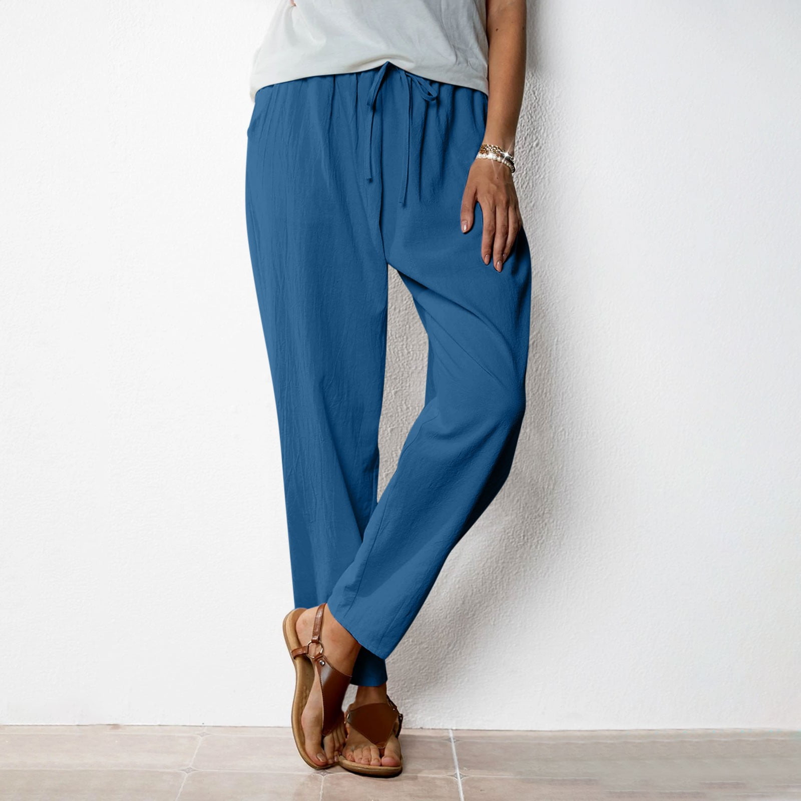 asjyhkr Linen Pants Women Elastic Waist Drawstring Solid Color Casual ...