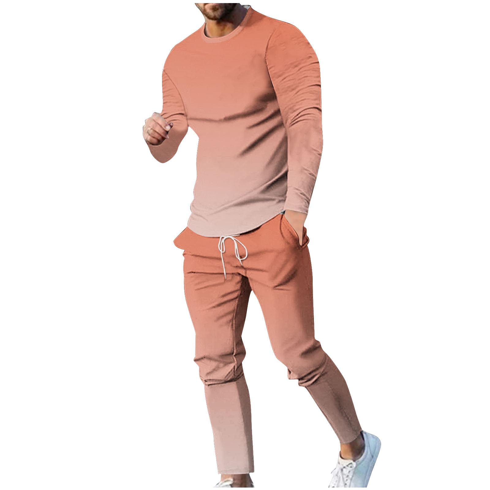 asjyhkr Mens 2 Piece Outfits Long Sleeve Gradient Color T-shirt ...