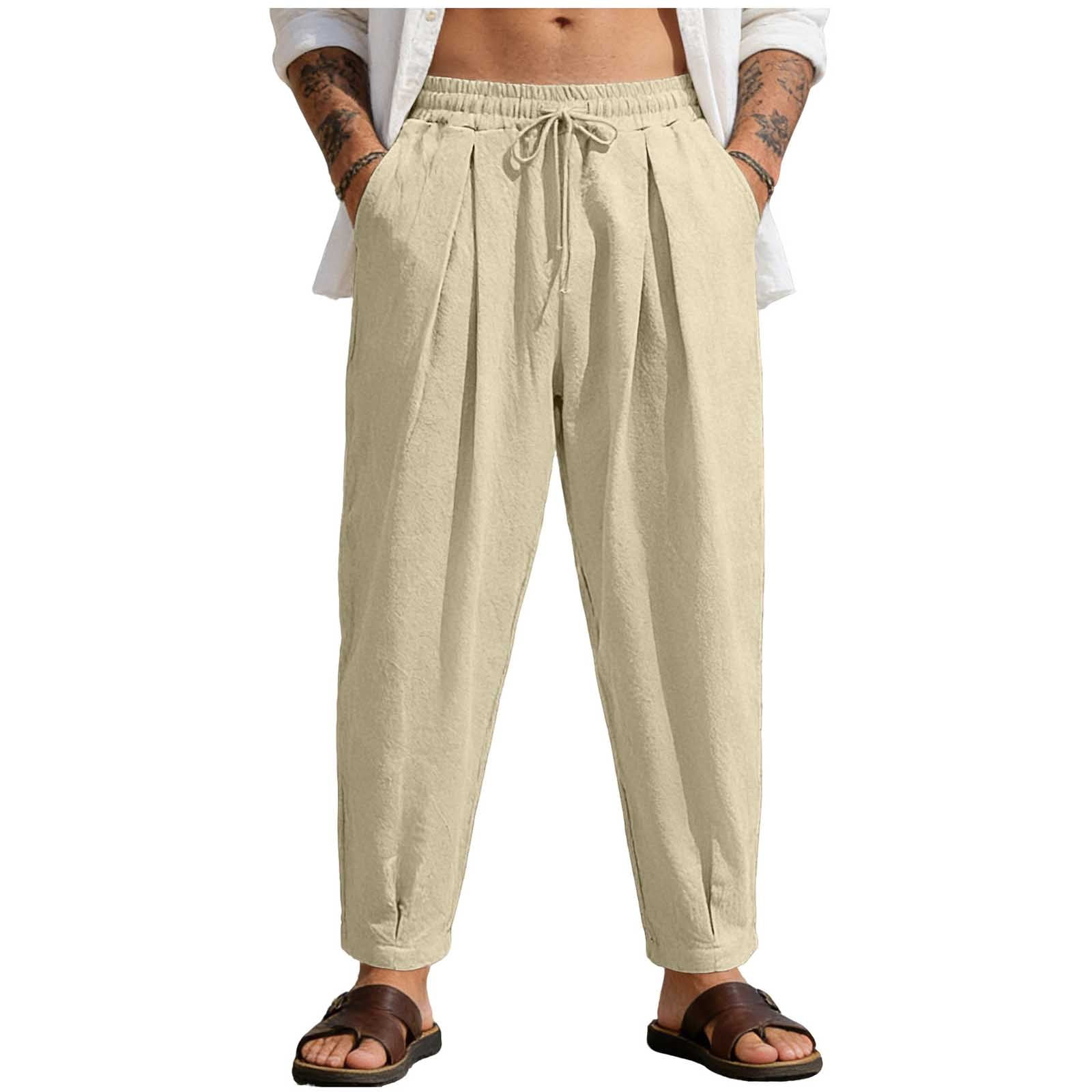 asjyhkr Mens Cotton Linen Pants Baggy Beach Travel Casual Relaxed ...