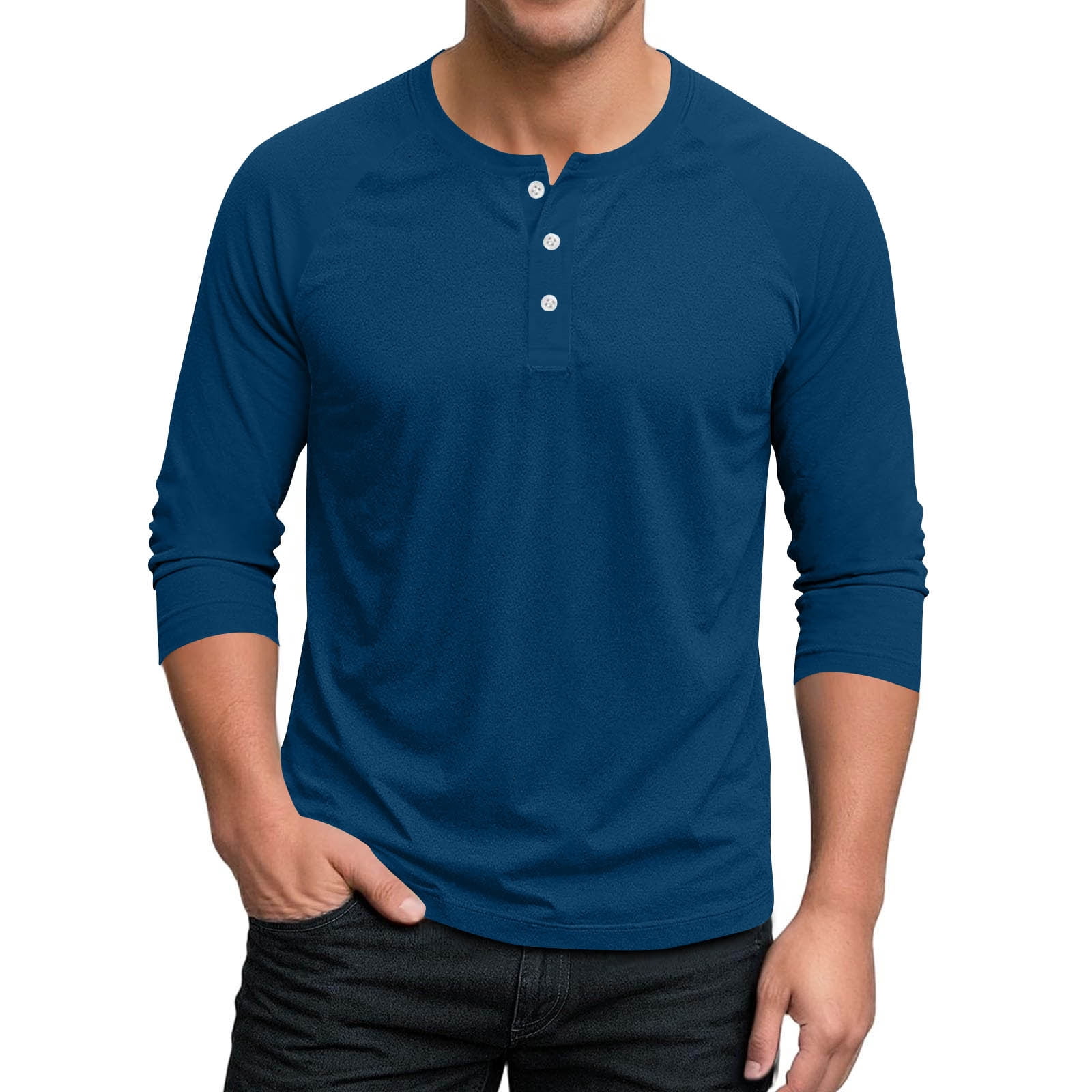 asjyhkr Mens Shirts Button Stand Collar 3/4 Sleeve Pullover Solid Color ...