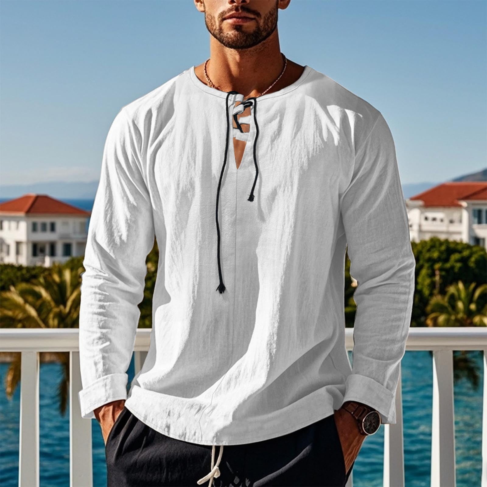 asjyhkr Mens Shirts Drawstring V Neck Long Sleeve Pullover Fashion ...