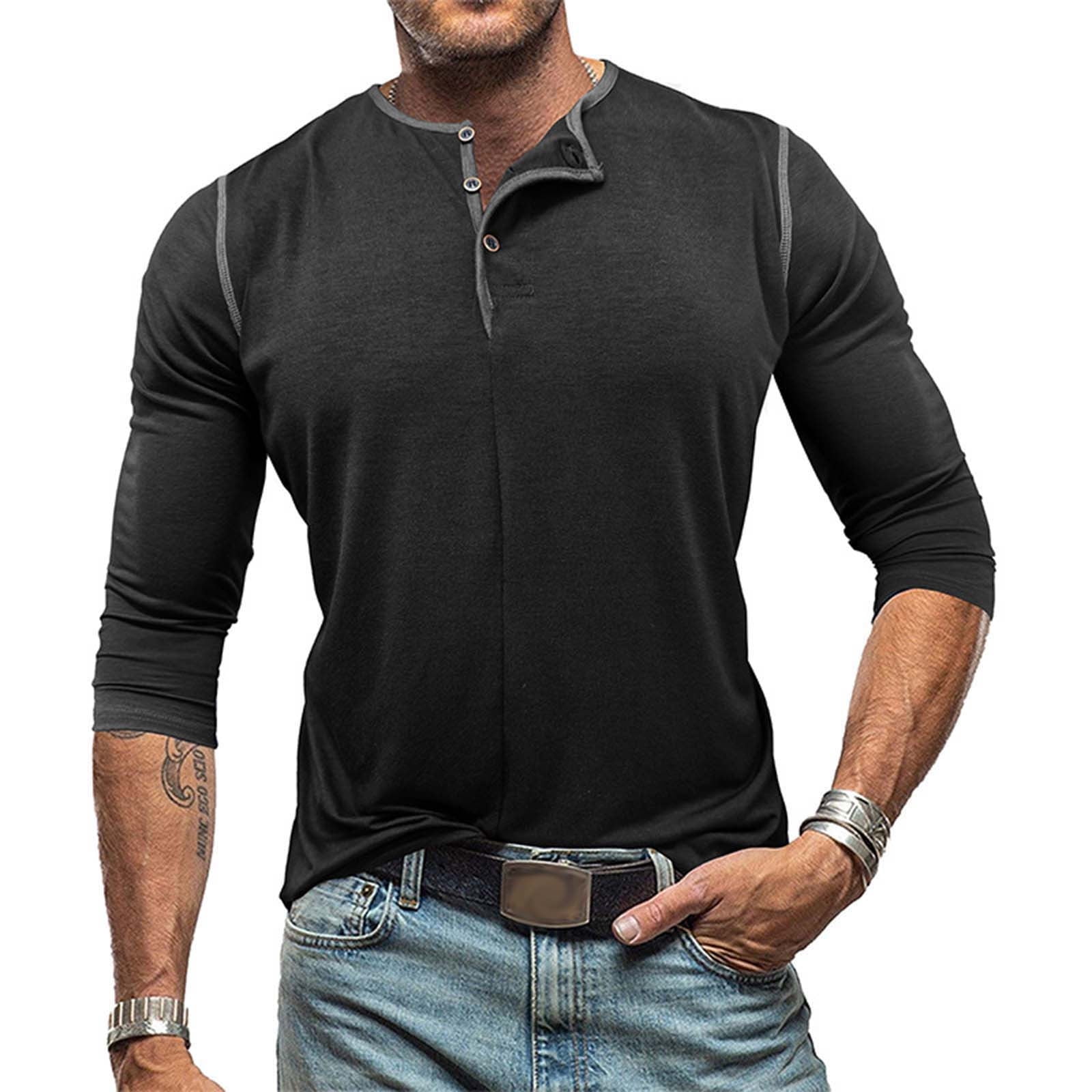 asjyhkr Mens Shirts Long Sleeve Button Crew Neck Pullover Solid Color ...