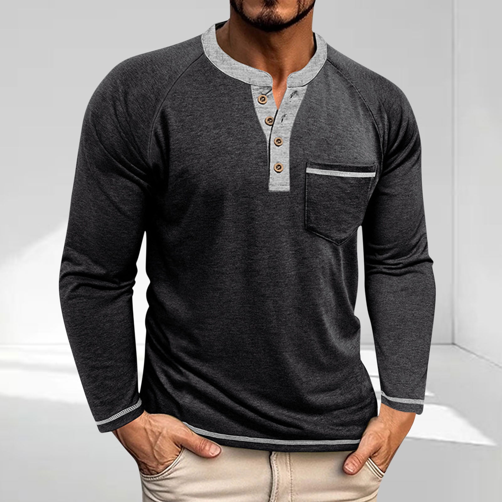 asjyhkr Mens Undershirts Long Sleeve Button down Crew Neck Pullover ...