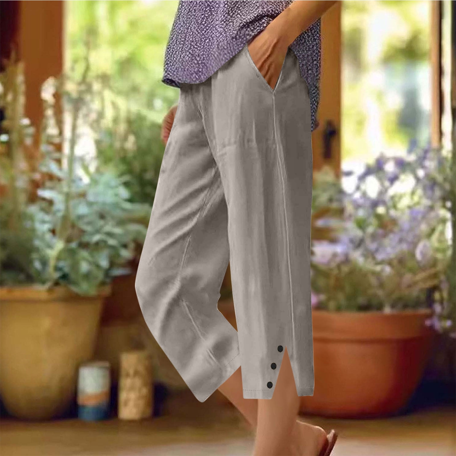 asjyhkr Plus Size Womens Capri Pants Linen Elastic Waist Lightweight ...