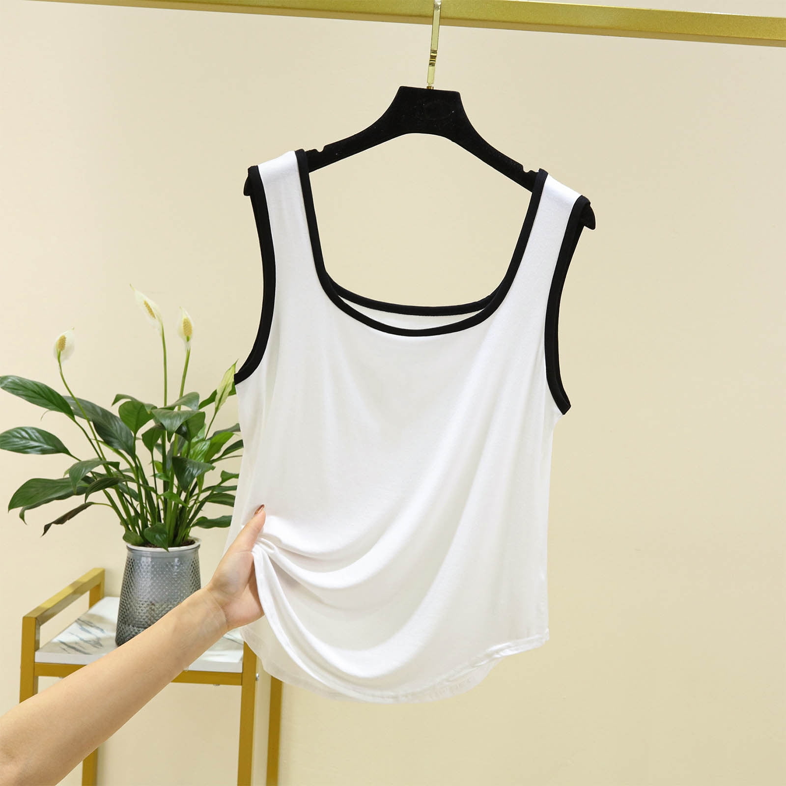 asjyhkr Sleeveless Tops for Women Stretch Scoop Neck Contrast Trim ...