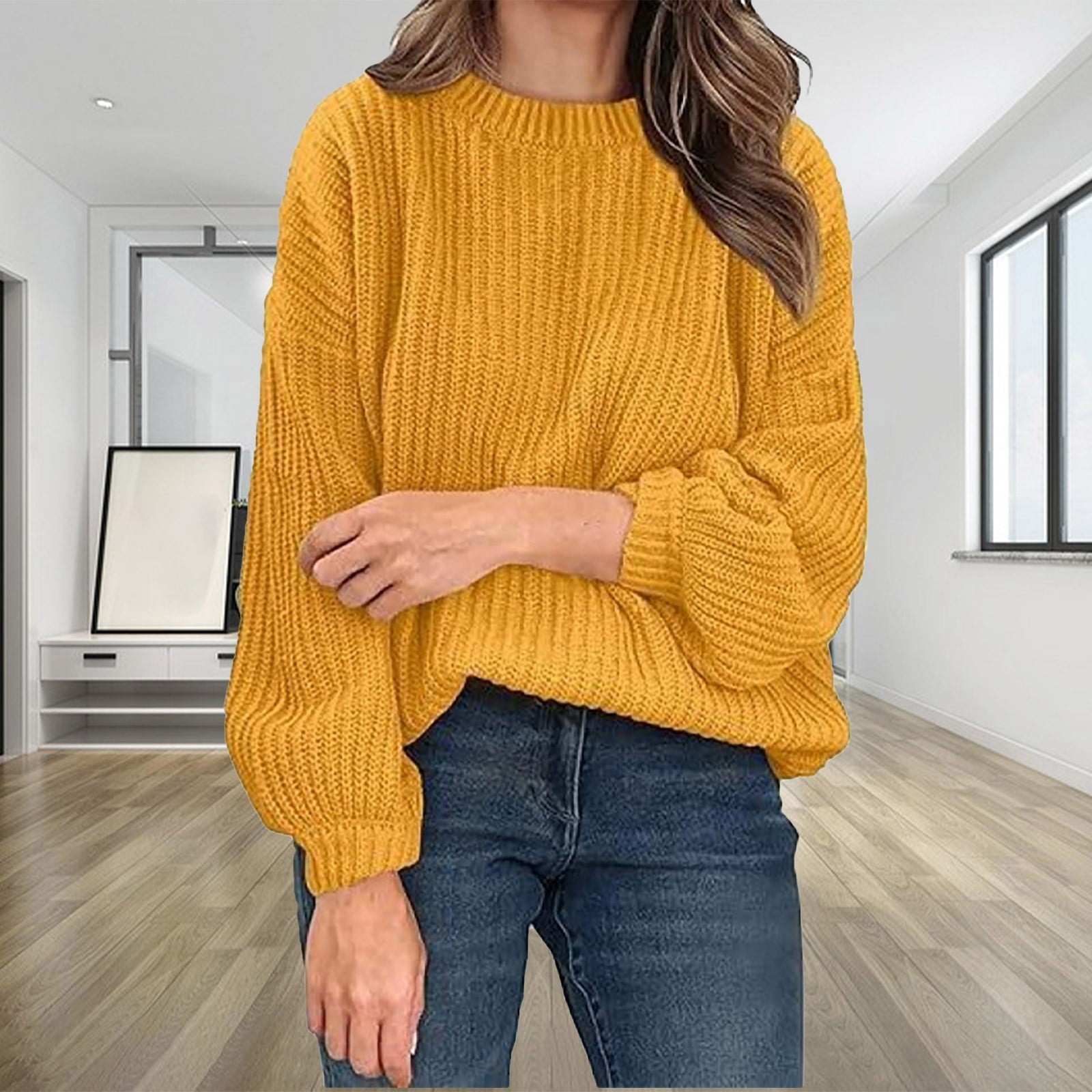 asjyhkr Sweaters for Women Long Sleeve Crew Neck Pullover Loose Casual ...