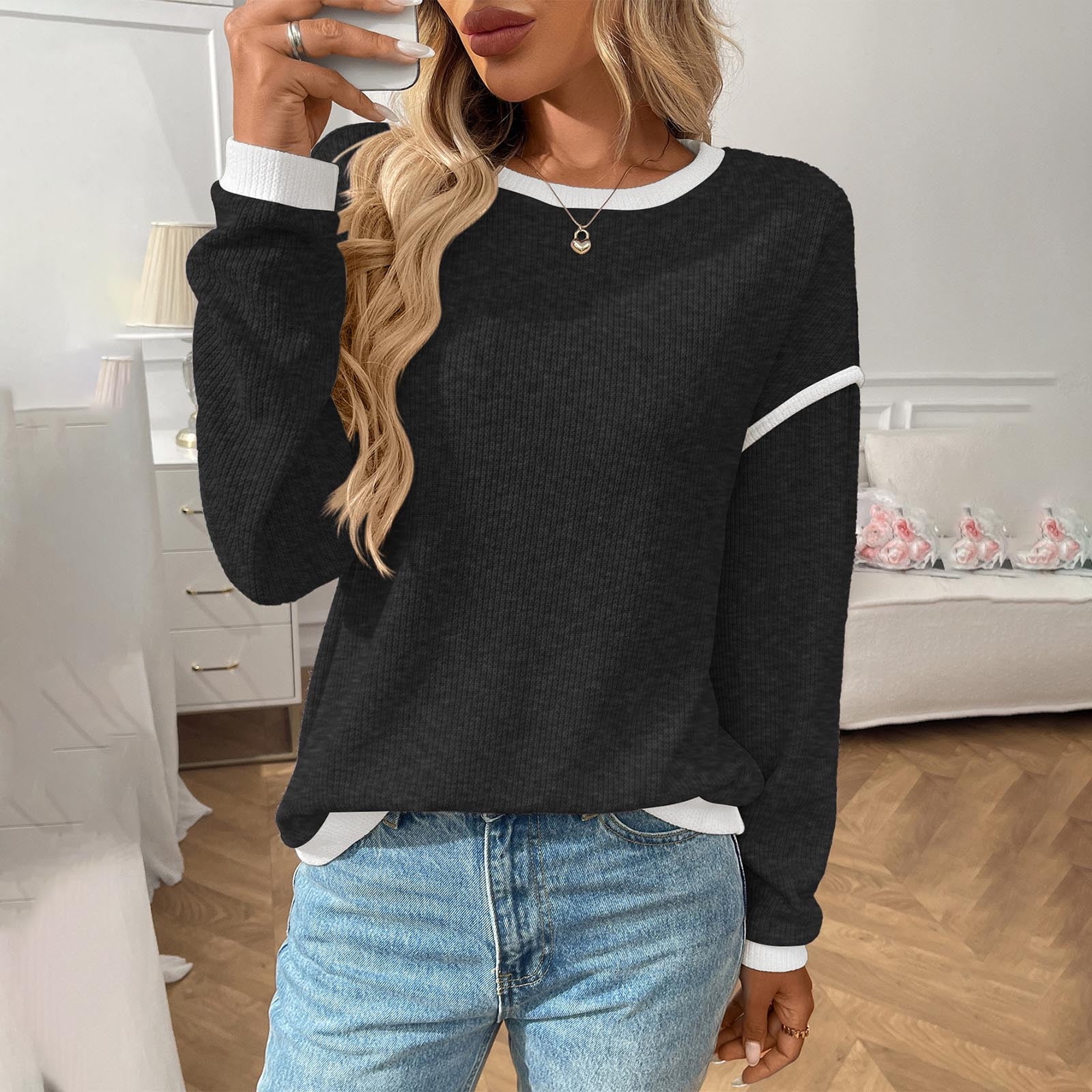asjyhkr Womens Blouses Crew Neck Long Sleeve Shirts Fashion Solid Color ...