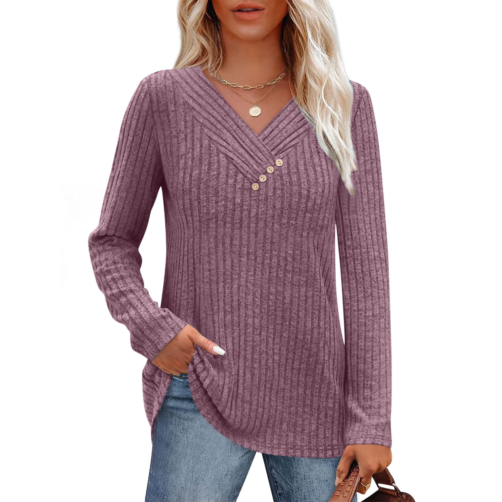 asjyhkr Womens Blouses Long Sleeve V Neck Stretch Tops Breathable Solid ...
