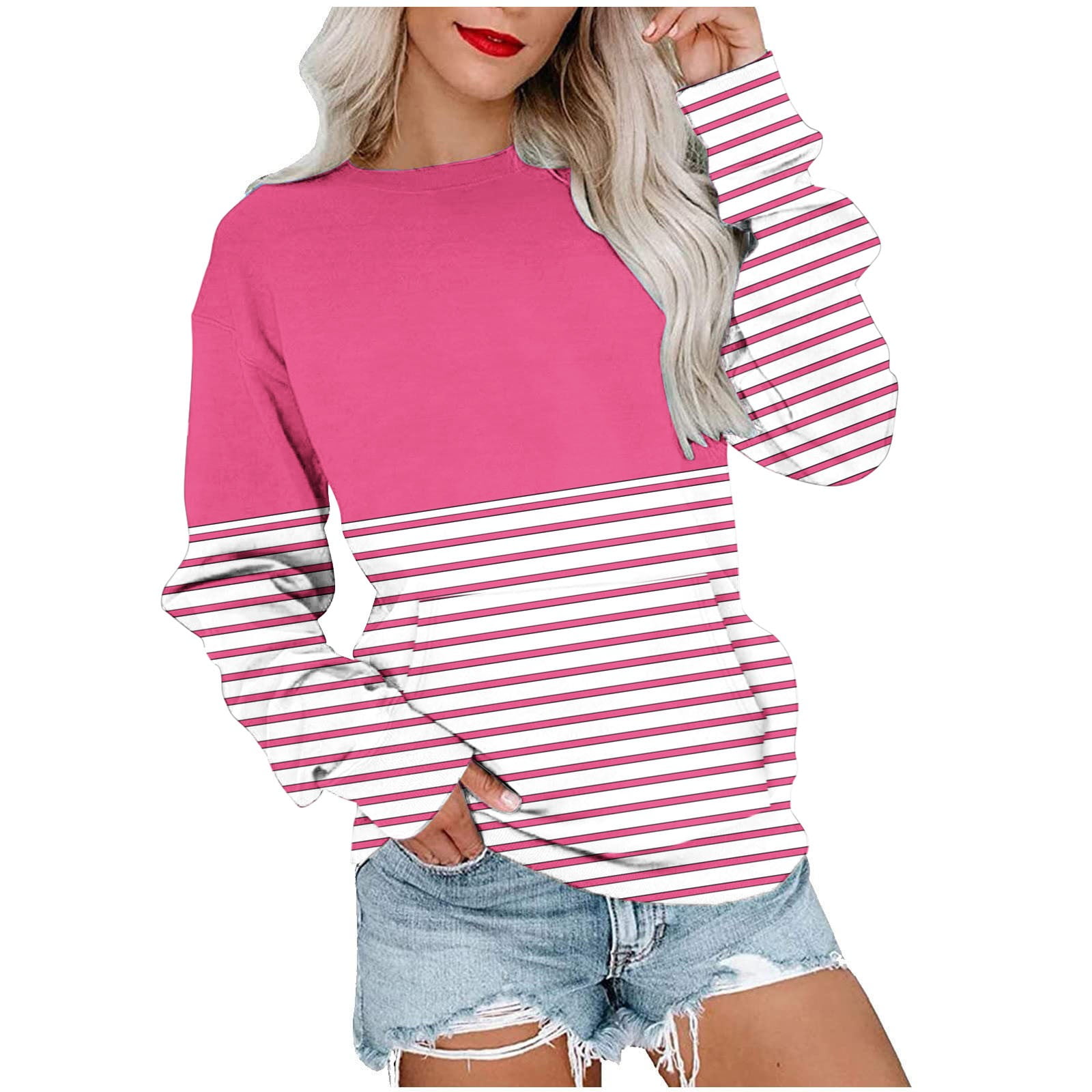 asjyhkr Womens Crewneck Sweatshirt Color Block Striped Loose Daily Wear ...
