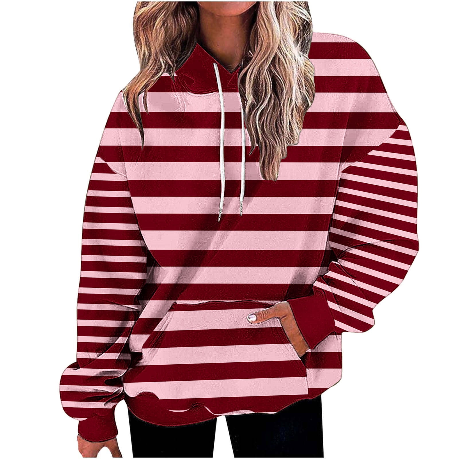 asjyhkr Womens Hoodies Striped Comfy Daily Wear Pullover Loose Fitting ...