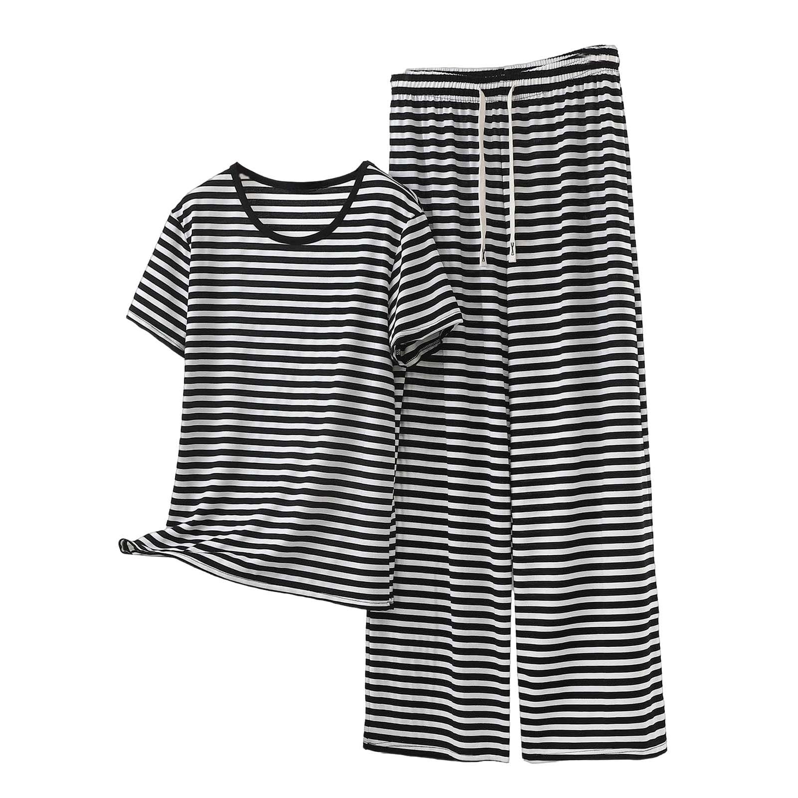 asjyhkr Womens Striped Pajama Sets 2 Piece Loungewear Short Sleeve Tees ...